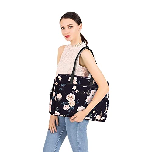 MOSISO Laptop Tote Bag Compatible with MacBook Air 15 M2 A2941 2023/Pro 16 2023-2019 M2 A2780 M1 A2485 A2141, 15-15.6 inch Notebook, Camellia Travel Work Briefcase with Front Pocket & PUÂ Handle, Black