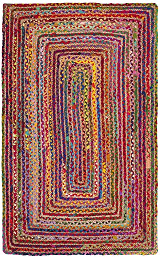 SAFAVIEH Cape Cod Collection Area Rug - 3' Square, Red & Multi, Handmade Boho Braided Jute & Cotton, Ideal for Entryway, Kitchen, Bedroom, Foyer (CAP202A-3SQ)