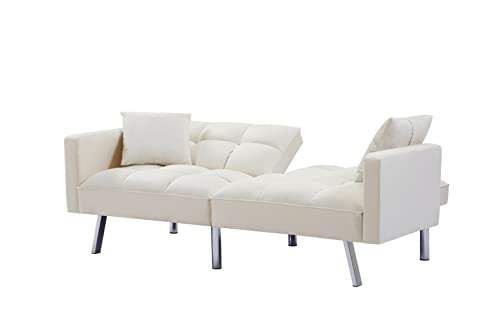 LCH Modern Tuft Futon Couch Convertible Loveseat Sleeper Reclining Sofa Bed Twin Size with Arms and 2 Pillows for Living Room, Beige