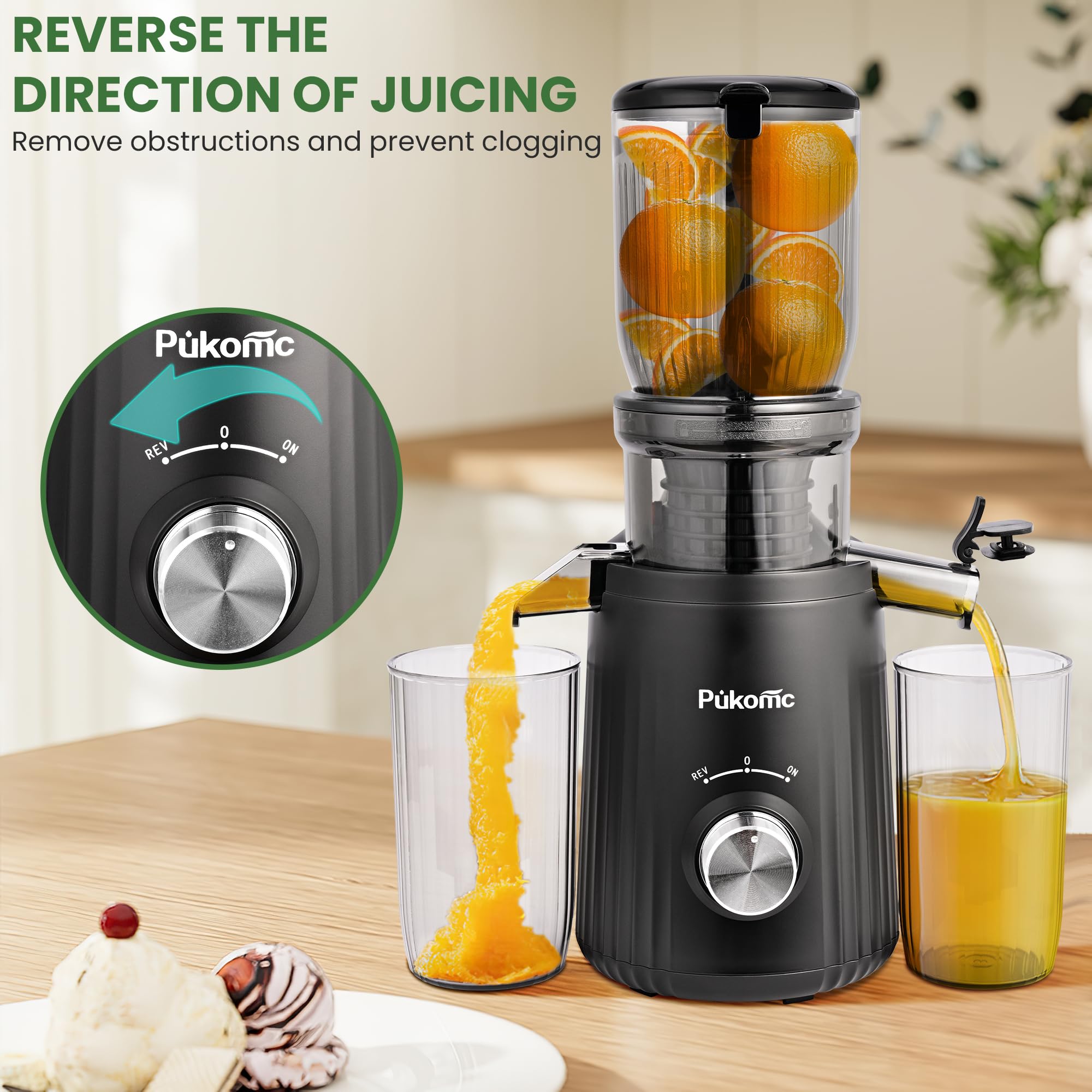 Pukomc Juicer Machines, Cold Press Juicer with 4.1'' Large Feed,Slow Masticating Machines Chute Fit Whole Vegetable And Fruit,High Juice Yield Juicer Easy to Clean