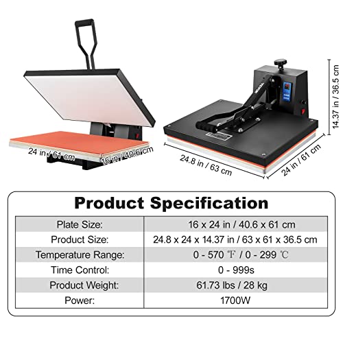 VEVOR Heat Press Machine, 16x24in / 40x61cm, Clamshell Sublimation Transfer Printer Teflon Coated, Digital Precise Heat Control, Silicone Sponge Powerpress for T-Shirt Bag Pad Pillow