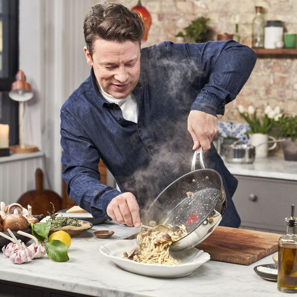 Tefal Jamie Oliver Cook's Classic E30688 Wok Pan 30 cm Non-Stick Coating Safe Thermal Signal Riveted Silicone Handle Suitable for Induction Cookers Oven Safe Stainless Steel