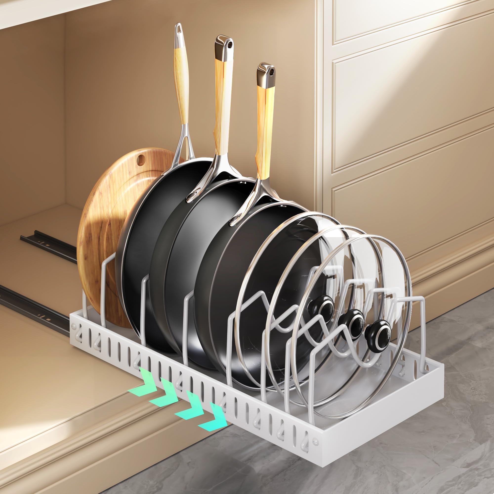 Pull Out Pots and Pans Organizer Under Cabinet, Sliding Lid Holder and Pan Rack in Kitchen, Slide Out inside Cabinet Storage for Pot Lid, Bakeware, Dishes, 8 Adjustable Dividers, 2 Pack White
