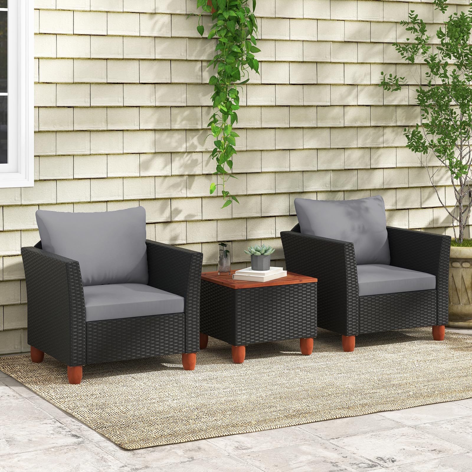ORALNER 3 Pieces Patio Furniture Set, Outdoor Wicker Conversation Chairs with Cushion, Acacia Coffee Table, Rattan Bistro Set for Balcony Garden Backyard Front Porch Poolside (Grey)