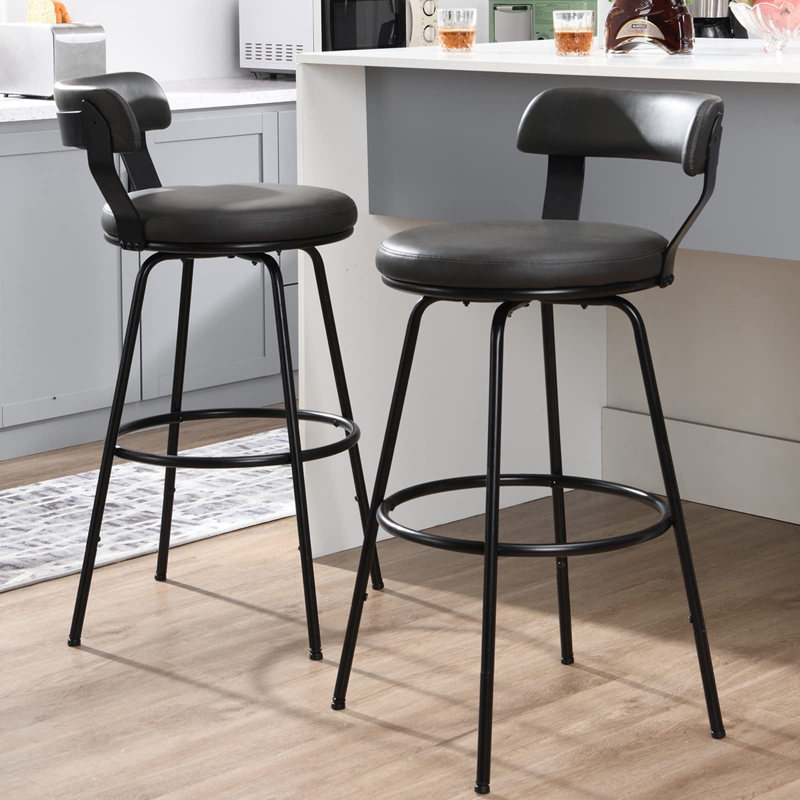 FERFALDER Bar Stools Set of 2-Metal Stools for Kitchen Counter PU Leather Barstools Swivel Bar Chairs for Dining Cafe,Metal Footrest,24” Grey