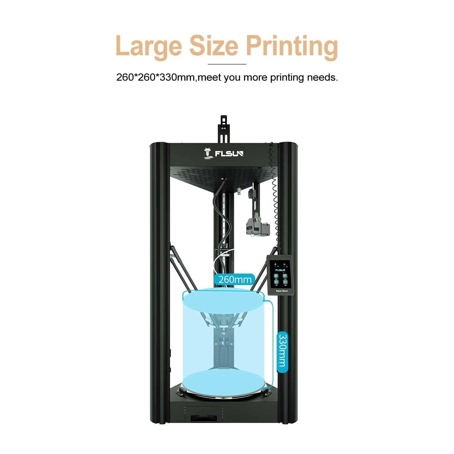 FLSUN Super Racer - 200 mm/s fast 3D printer, 2800 + mm/s², FDM Delta 3D printer with self-leveling resume 1.75 PLA DIY 3D printers print size Φ260 x 330 mm. (SR)