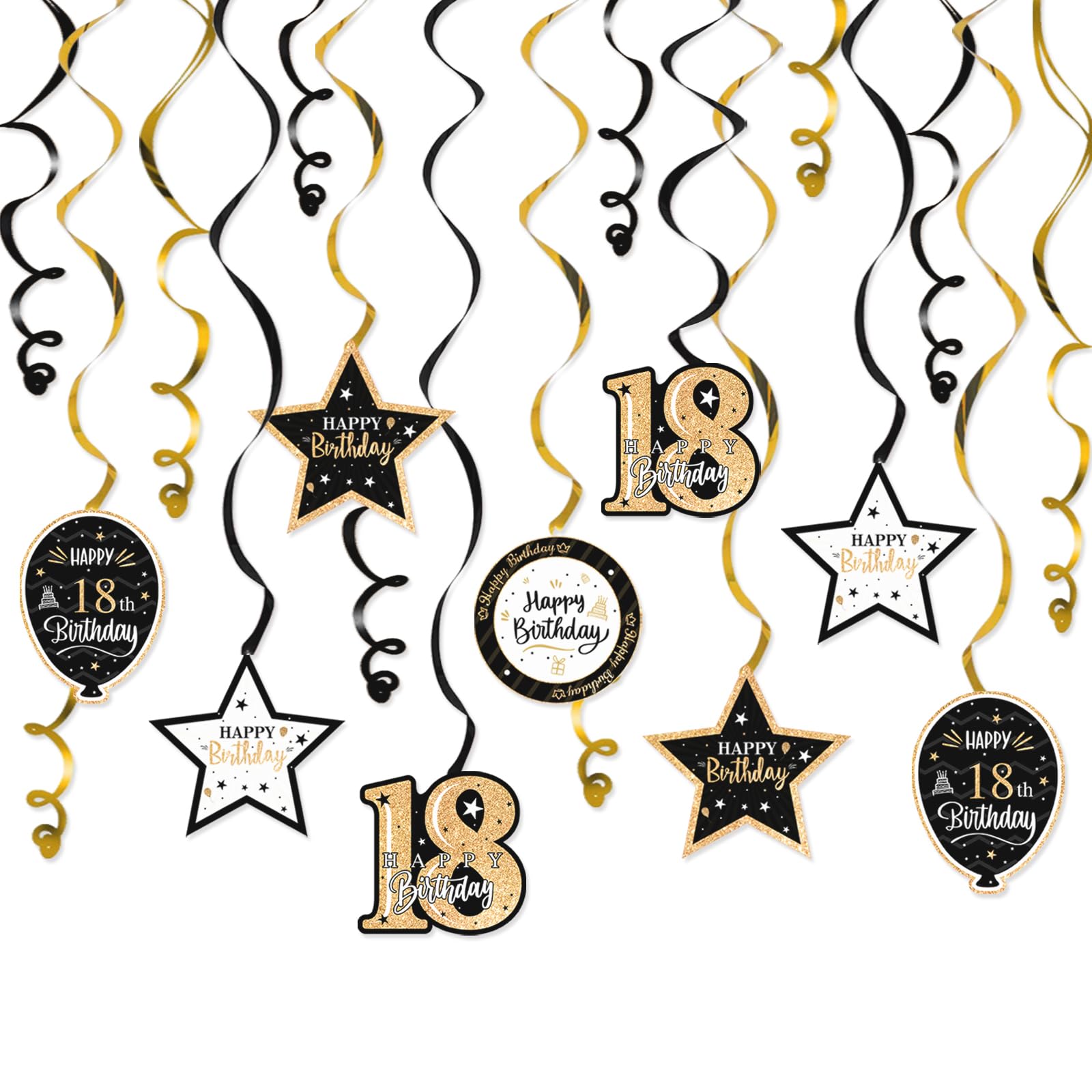 Nelbiirth Happy 18th Birthday Black & Gold Glitter Swirls Streamers Party Decorations - 15 Pcs 18th Birthday Hanging Swirls Streamers Kit,Cheers to Eighteen Years Old Bday Party Sign.