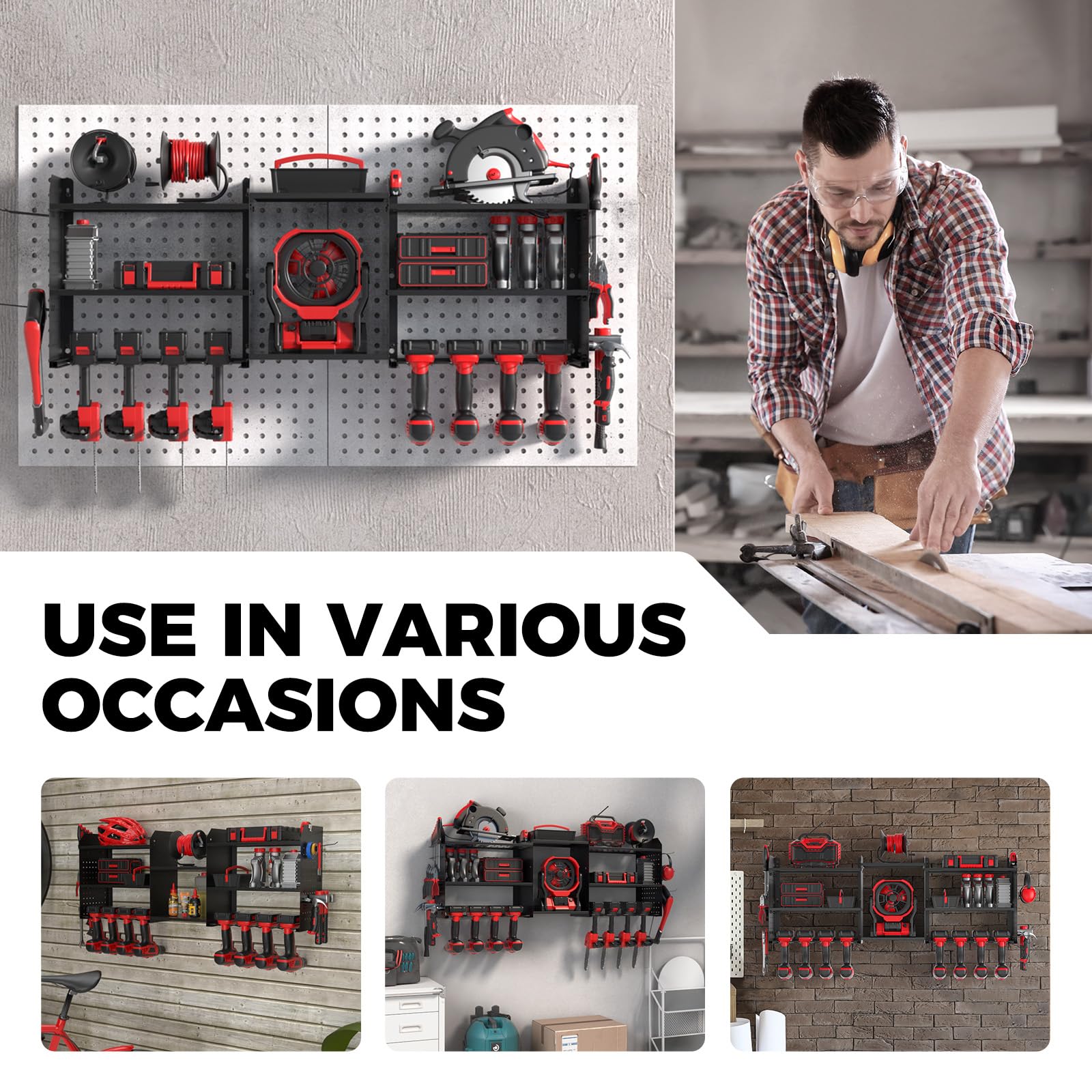 Power Tool Organizer Wall Mount, 8 Drill Tool Organizer, 3 Layer Heavy Duty Metal Tool Storage Rack and Garage Organizer with Hammer Rack/Plier Rack/Screwdriver Rack/Hooks (8 Drill Tool Organizer)