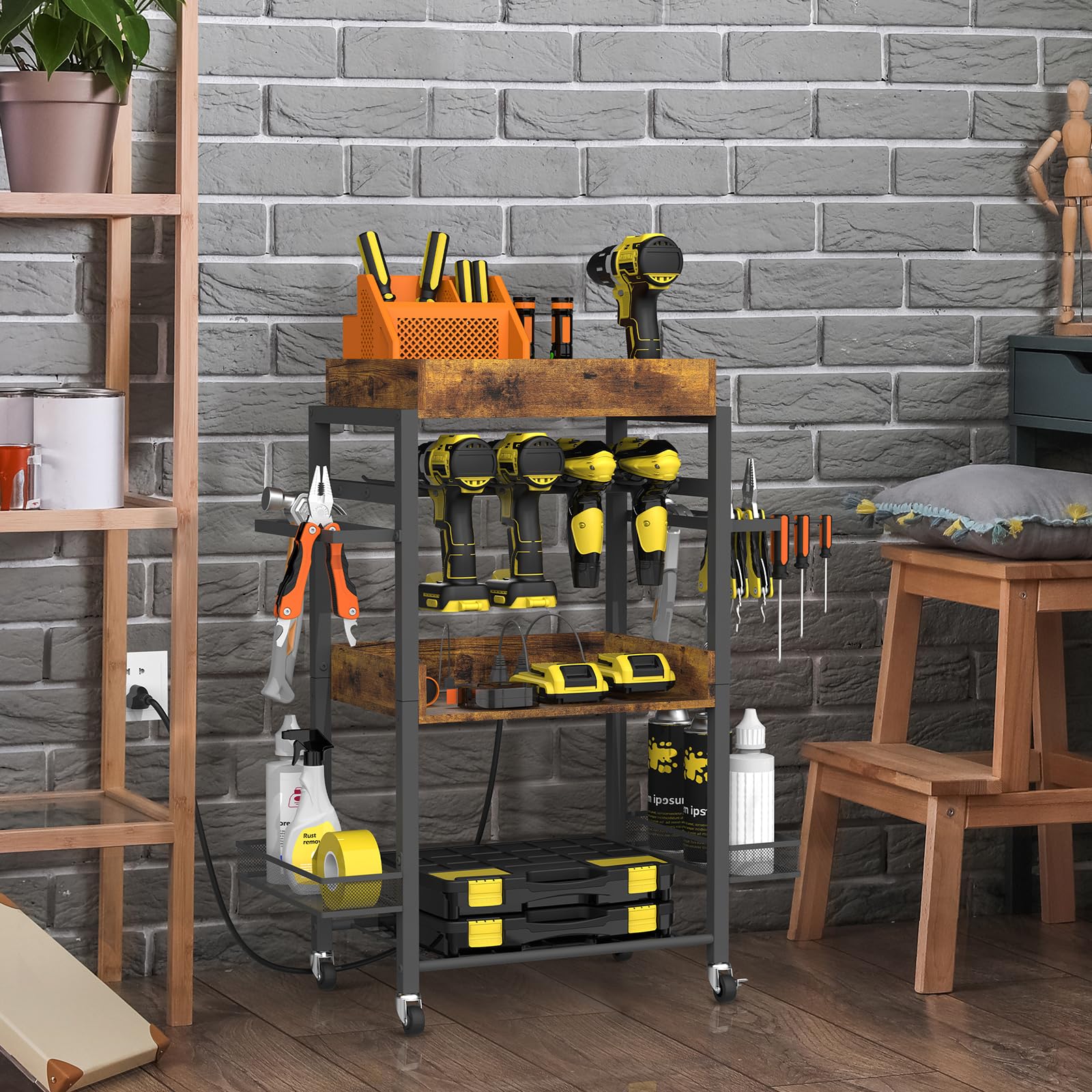 MOOACE Power Tool Organizer Storage Cart with Charging Station and Wheels, 4 Tier Heavy Duty Metal Rack, Rolling Tool Utility Cart, for Workshop, Garage, Workbench, Brown
