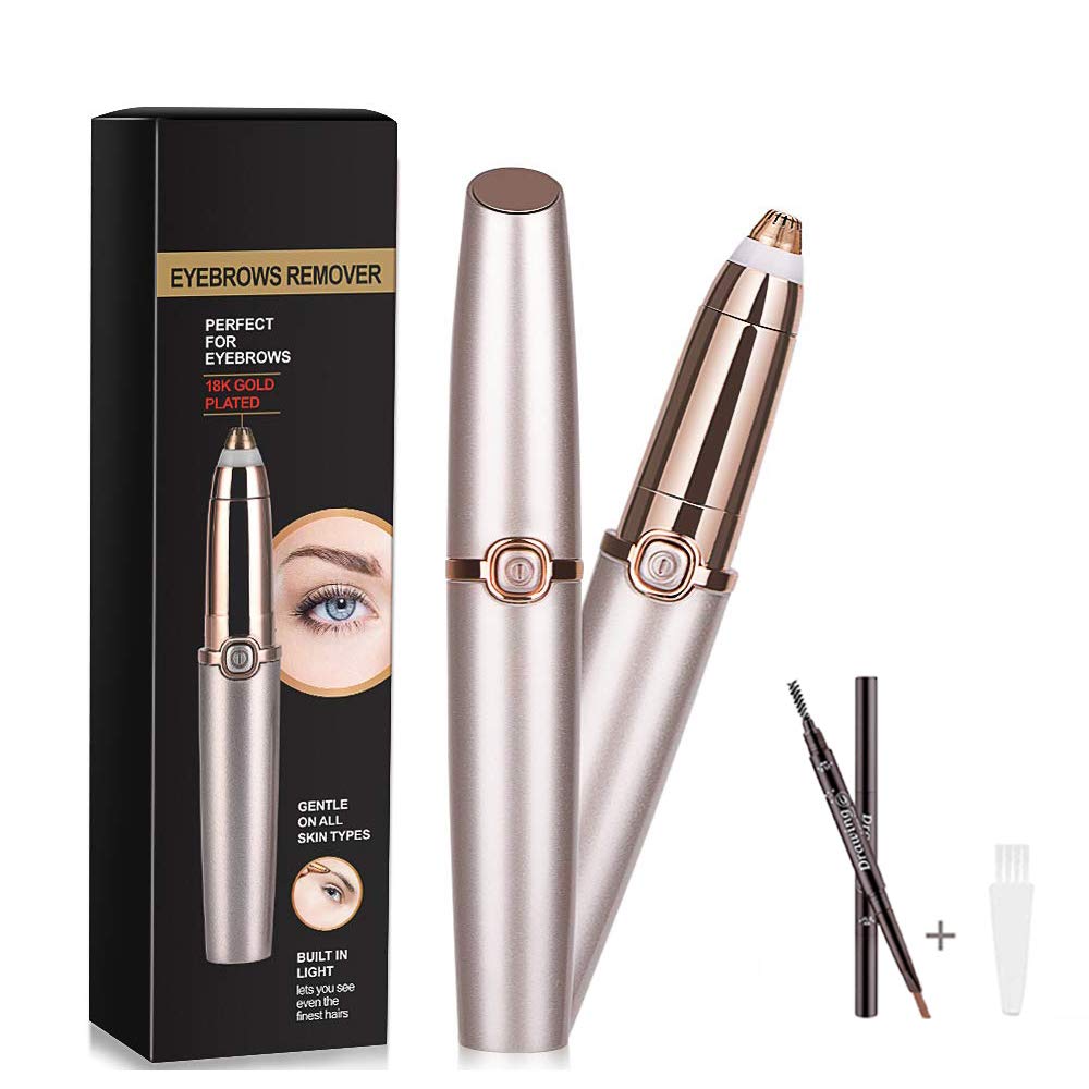 Eyebrow Hair Remover, Electric Eyebrow Trimmer Epilator for Women, Portable Painless Eyebrow Razor with Light, Rose Gold