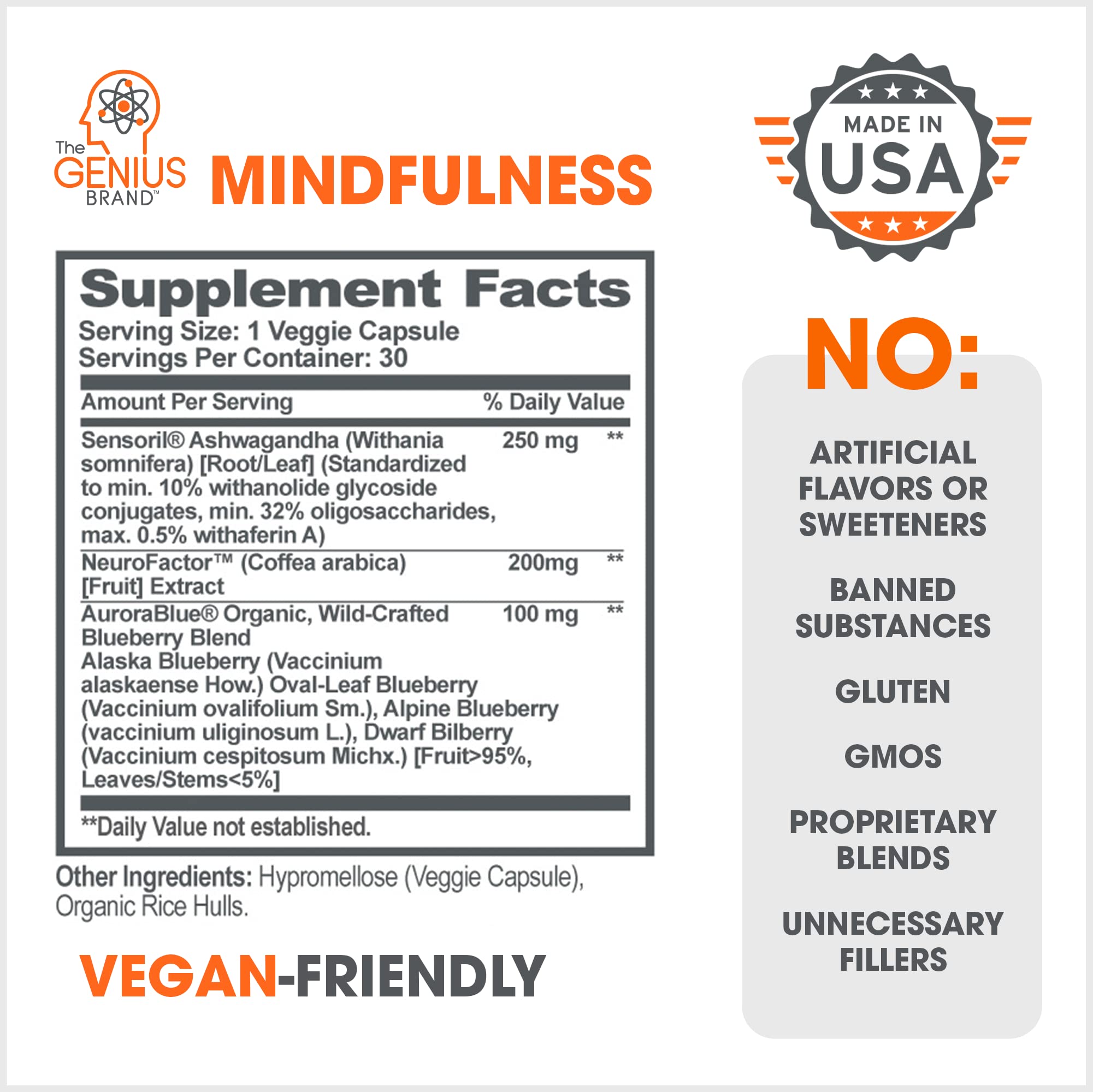 Genius Mindfulness Supplement, Nootropic Cognitive Brain Booster Enhances Memory, Focus & Energy - Natural Calming Supplement with Ashwagandha, NeuroFactor, & Blueberry Extract - 30 Veggie Capsules
