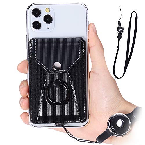 YUNCE Cell Phone Card Holder,Card Holder for Back of Cell Phone with Ring Grip Stand,Adhesive Stick-on Credit Card Wallet Pocket with Detachable Neck Strap Black