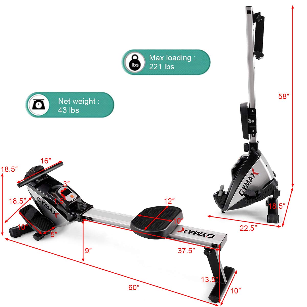 GYMAX Magnetic Rower, 8-Level Adjustable Resistance Rowing Machine with LCD Monitor, Indoor Cardio Exercise Rower for Home/Gym