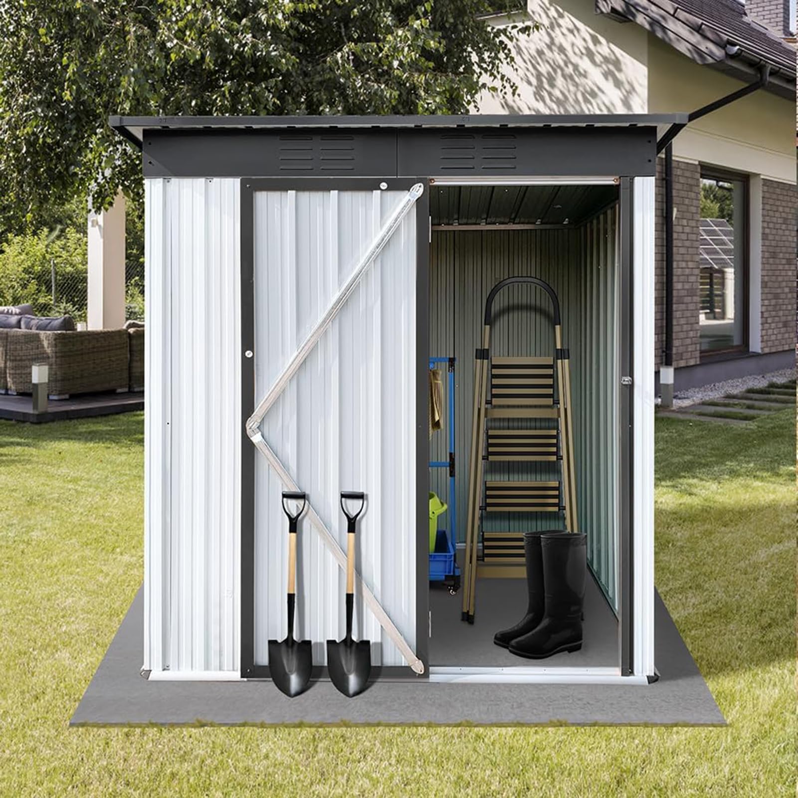 SPOFLYINN Outdoor Storing Tools Large Space Excellent Air Ventilation Easy Assembly Metal Storage Shed for Bike Trash Can Machine White One Size