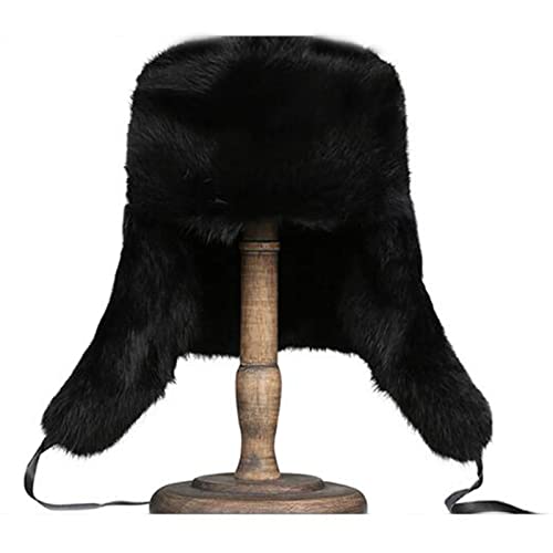 Fur Trapper Hat Winter Ushanka Russian Hat Men Fur Hats with 100% Rabbit Fur Aviator Hat with Earflaps Windproof（XL,Black）