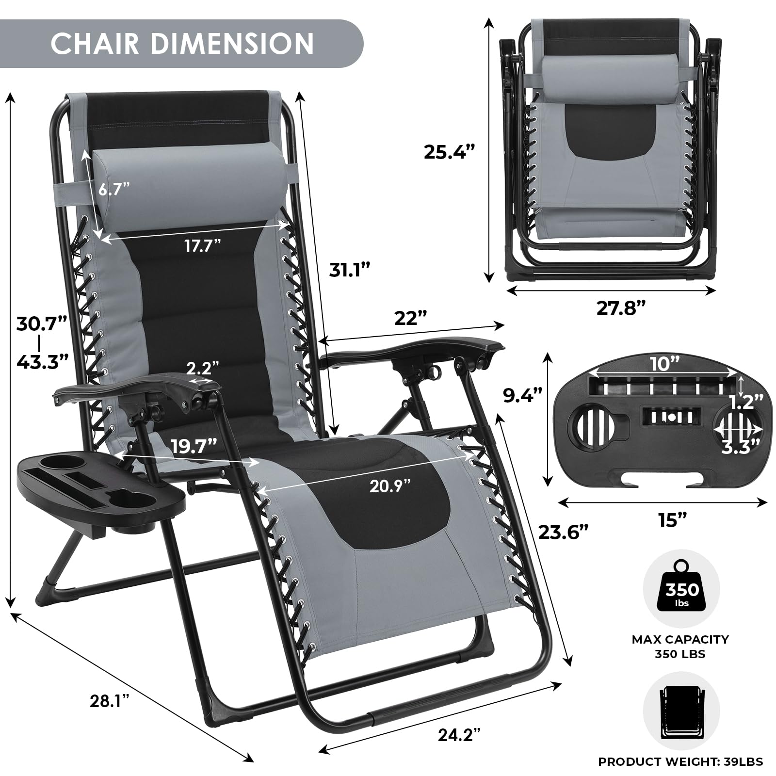 MAMIZO Padded Zero Gravity Chair, Set of 2 Foldable Outdoor Patio Recliner, Anti Gravity Adjustable Lounger w/Removable Pillows and Cup Holder Side Tables, 350 LBS (Grey)