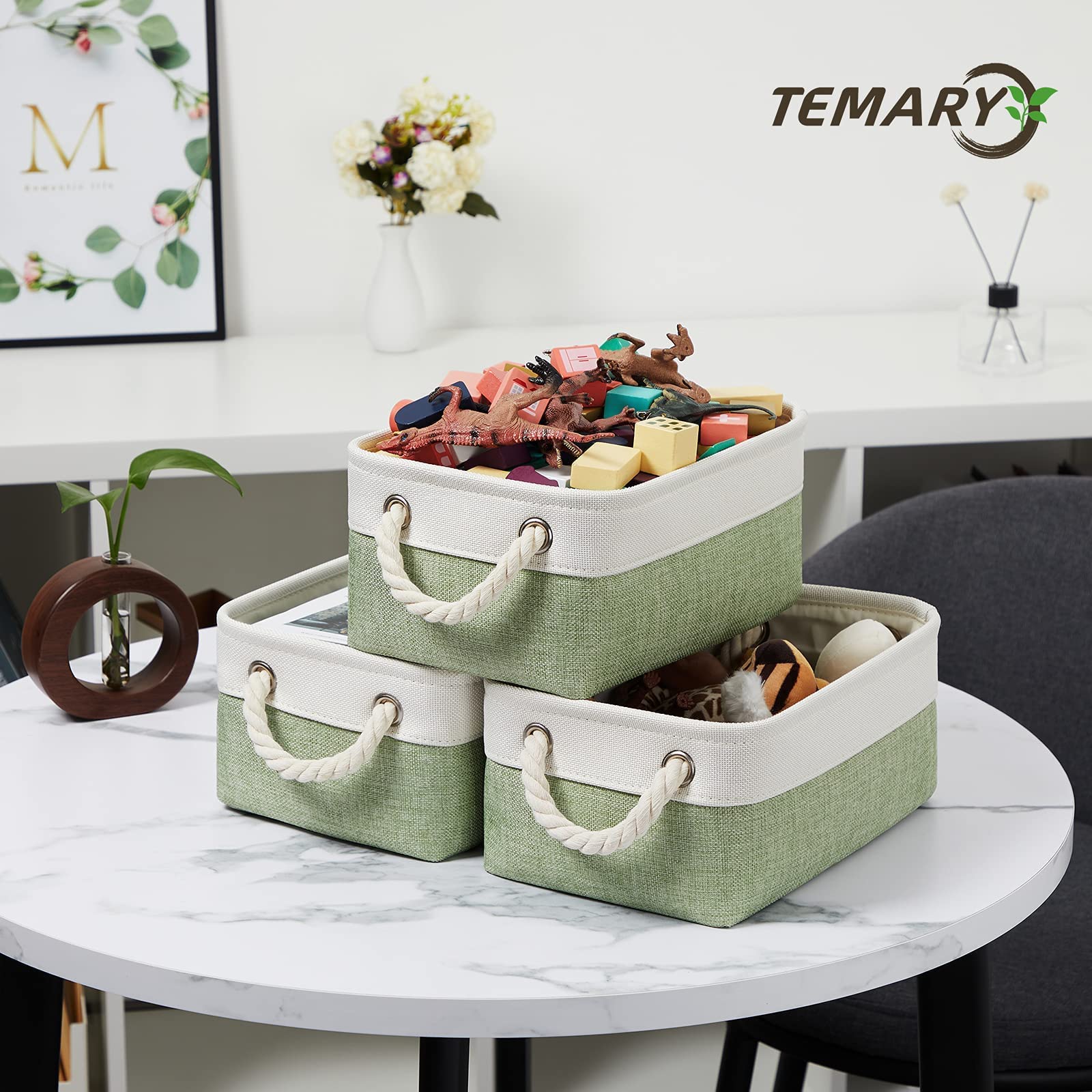 Temary Cube Storage Baskets for Shelves 10pack Fabric Storage Basket for Organizing Toys, Clothes, Storage Cubes with Leather Handles, Closet Baskets Nursery Home (White&Green)