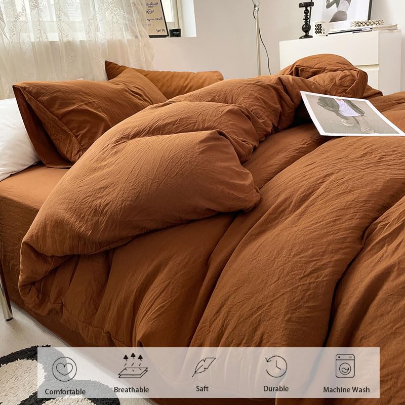 Modern Style Bedding Three Piece Set, Washed Cotton Quilt Cover, Breathable, Durable, Soft and Comfortable with 2 Pillowcases (Brown, Full (80 "x 90"))