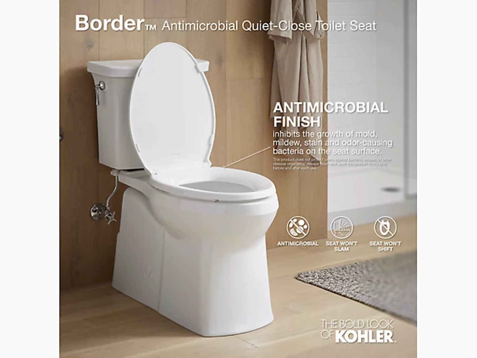 KOHLER 24495-A-0 Border ReadyLatch Elongated Toilet Seat, Quiet-Close Lid and Seat, Grip-Tight Bumpers and Installation Hardware, White