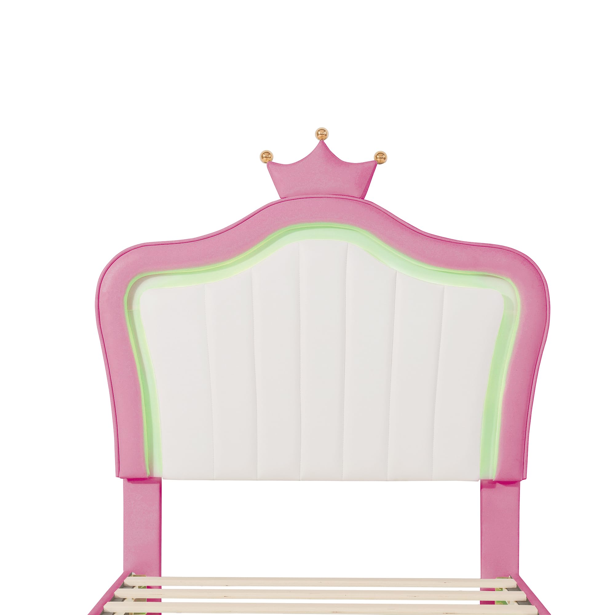 Twin Size Upholstered Princess Bed Frame with LED Lights and Crown Headboard,for Kids Boys Girls Teens Bedroom Use (White+Pink@LED//, Twin)