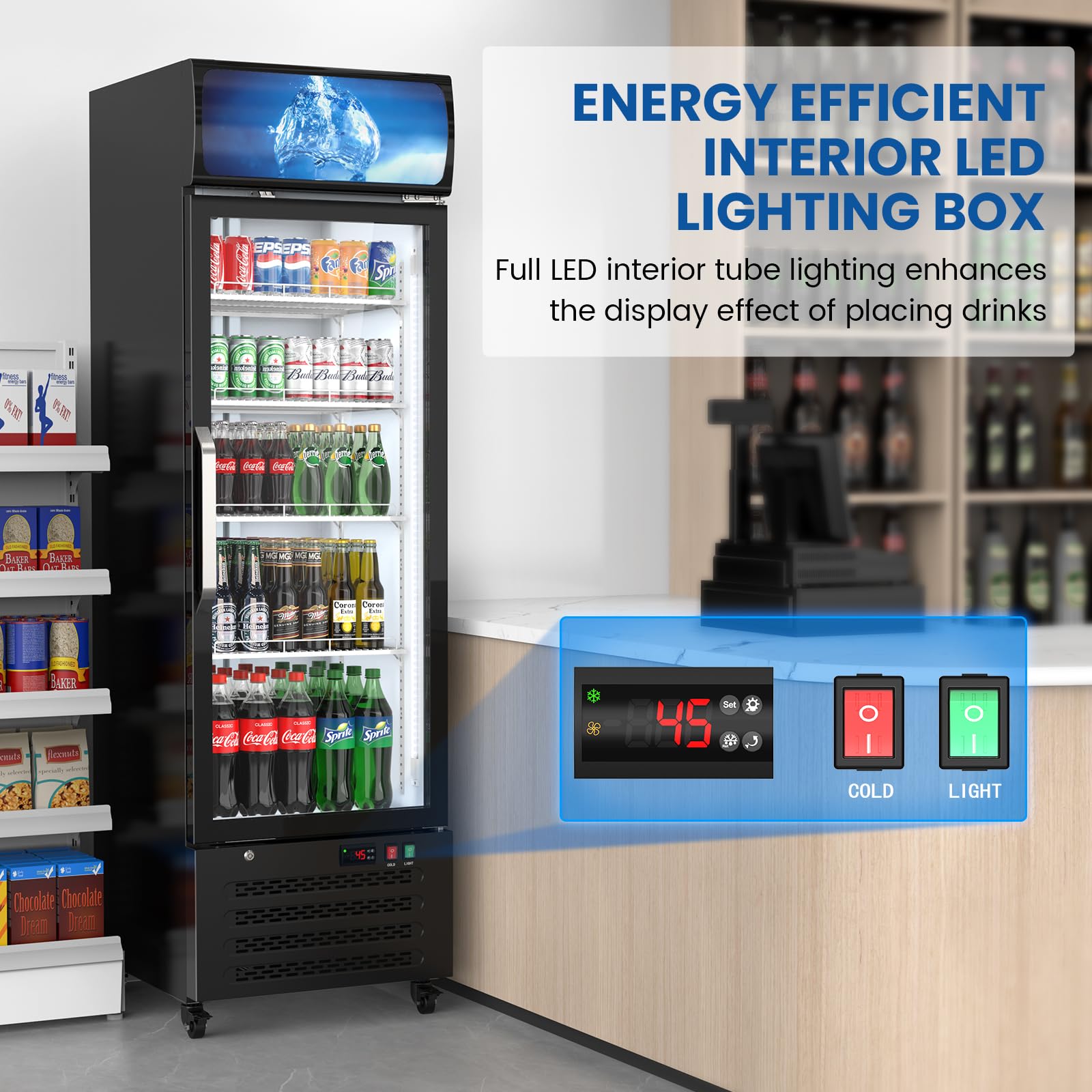Mojgar 14.8 Cu Ft Commercial Merchandiser Refrigerator for Beverage,Glass Door Upright Display Fridge with Front LED Light,Large Freestanding Business Cooler for Shop,Restaurant,Apartment,etc
