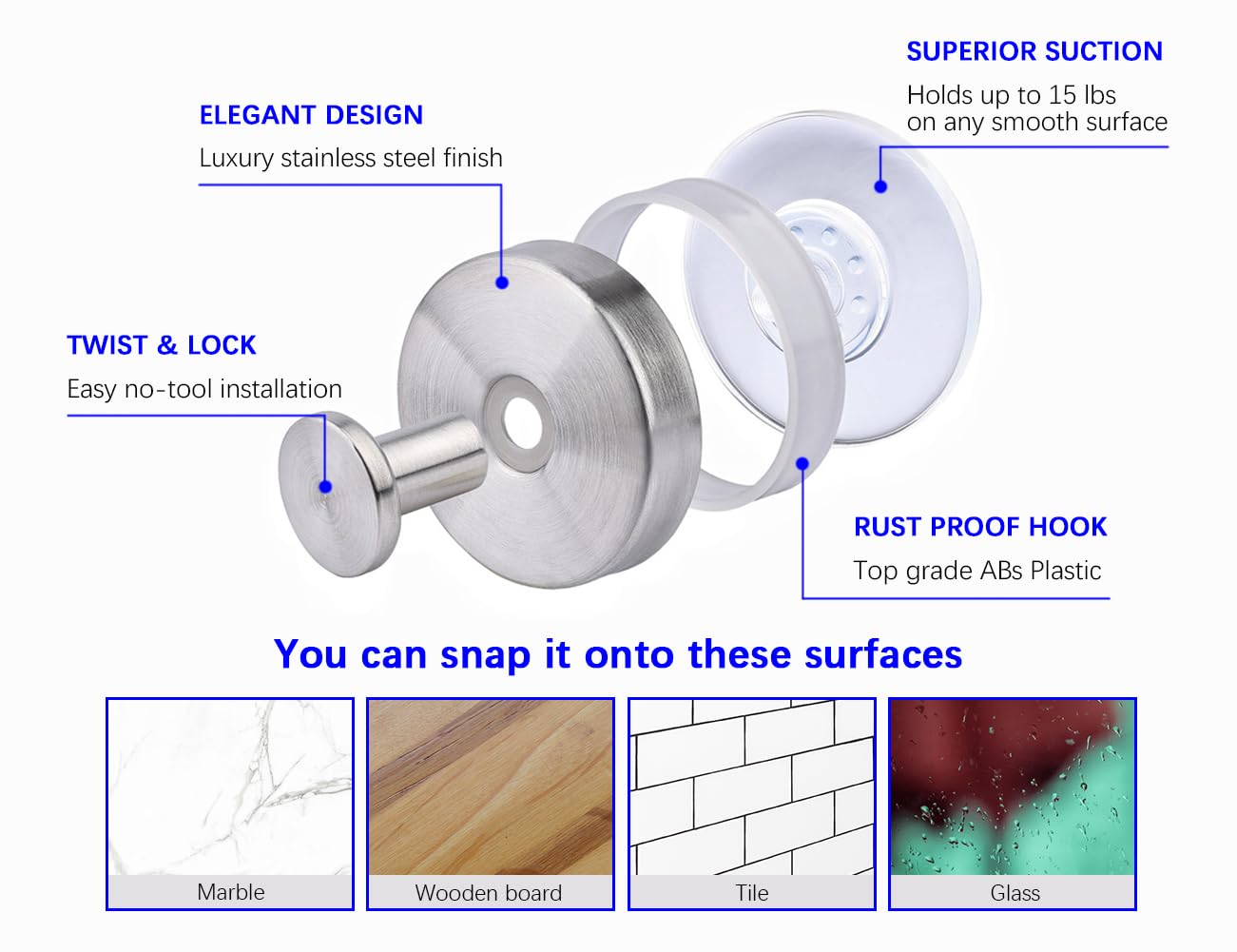 ONUNWU Luxe Hold No-Drill Hooks, Upgraded Suction Cup Hooks for Shower, Removable Reusable Stainless Steel Waterproof Suction Cup Hooks, Shower Hooks for Kitchen,Glass,Window,Mirror (2, Rose Gold)