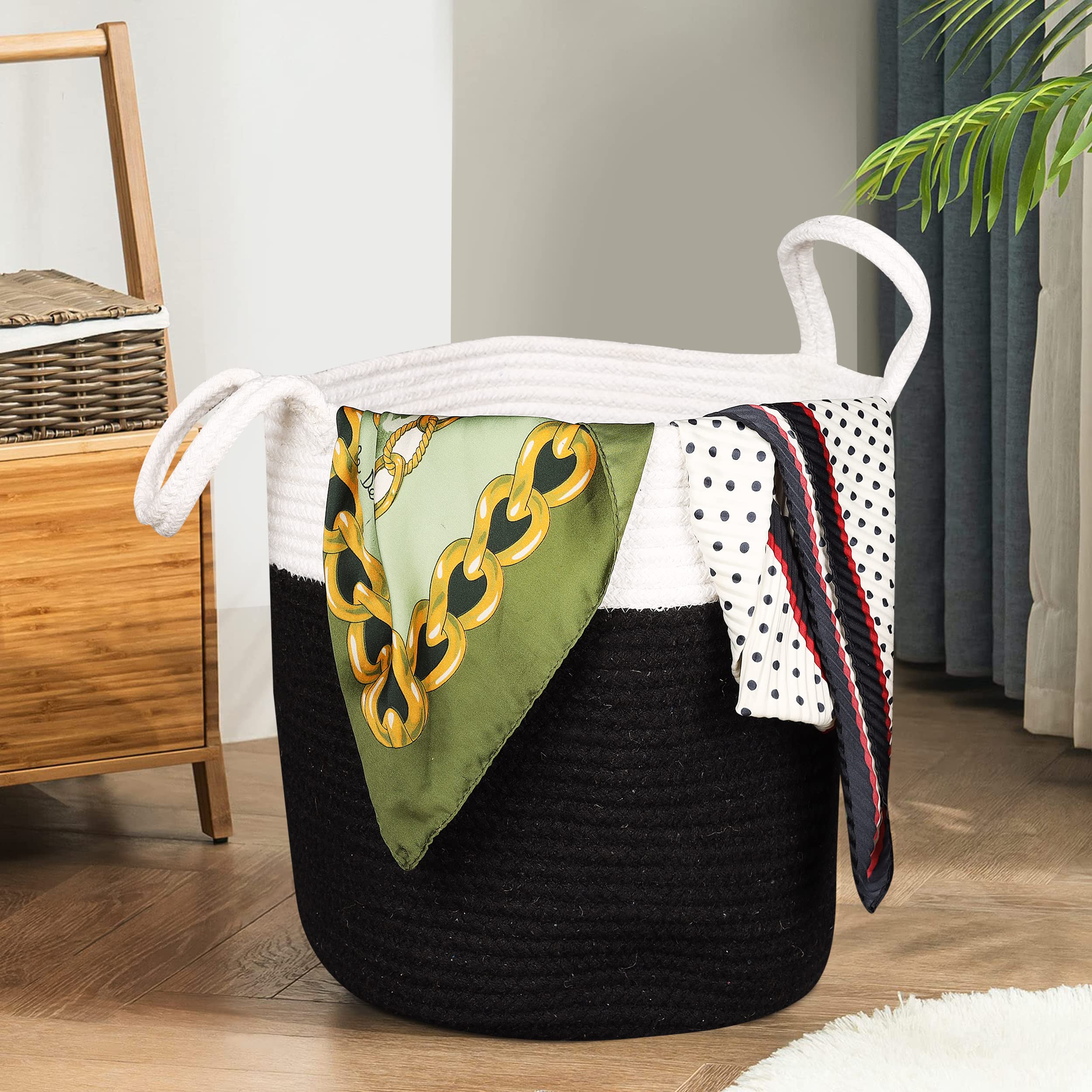 Handwoven Round Rope Basket with Handle made from Recycled Cotton, 11.81 x 11.81 x 11.81 inches Round Storage Baskets for Towel, Toys, Diaper, Foldable Laundry Basket, Black White