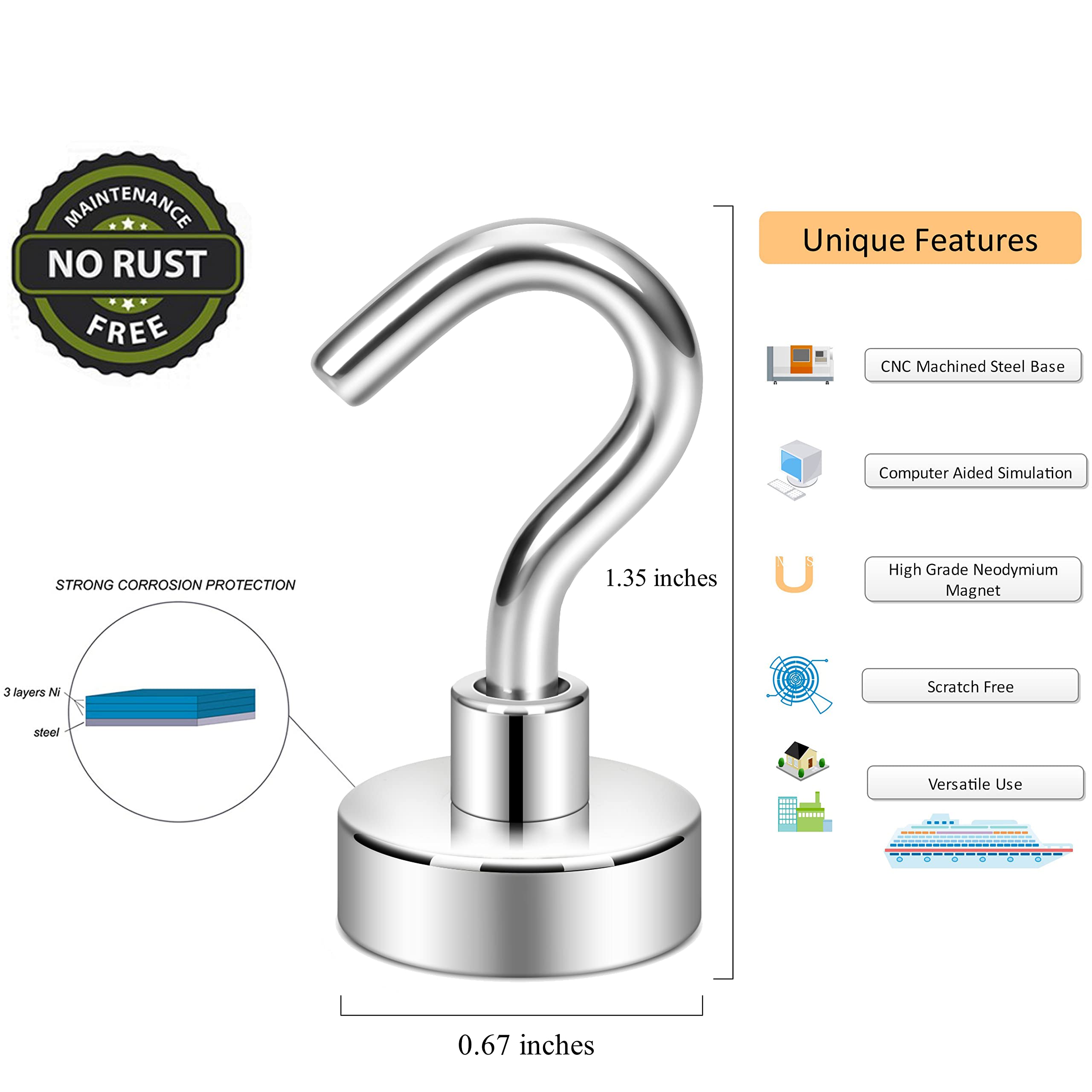 Neosmuk Magnetic Hooks, 27 lb+ Heavy Duty Earth Magnets with Hook for Refrigerator, Extra Strong Cruise Hook for Hanging, Magnetic Hanger for Cabins, Grill (Silver White, Pack of 10)