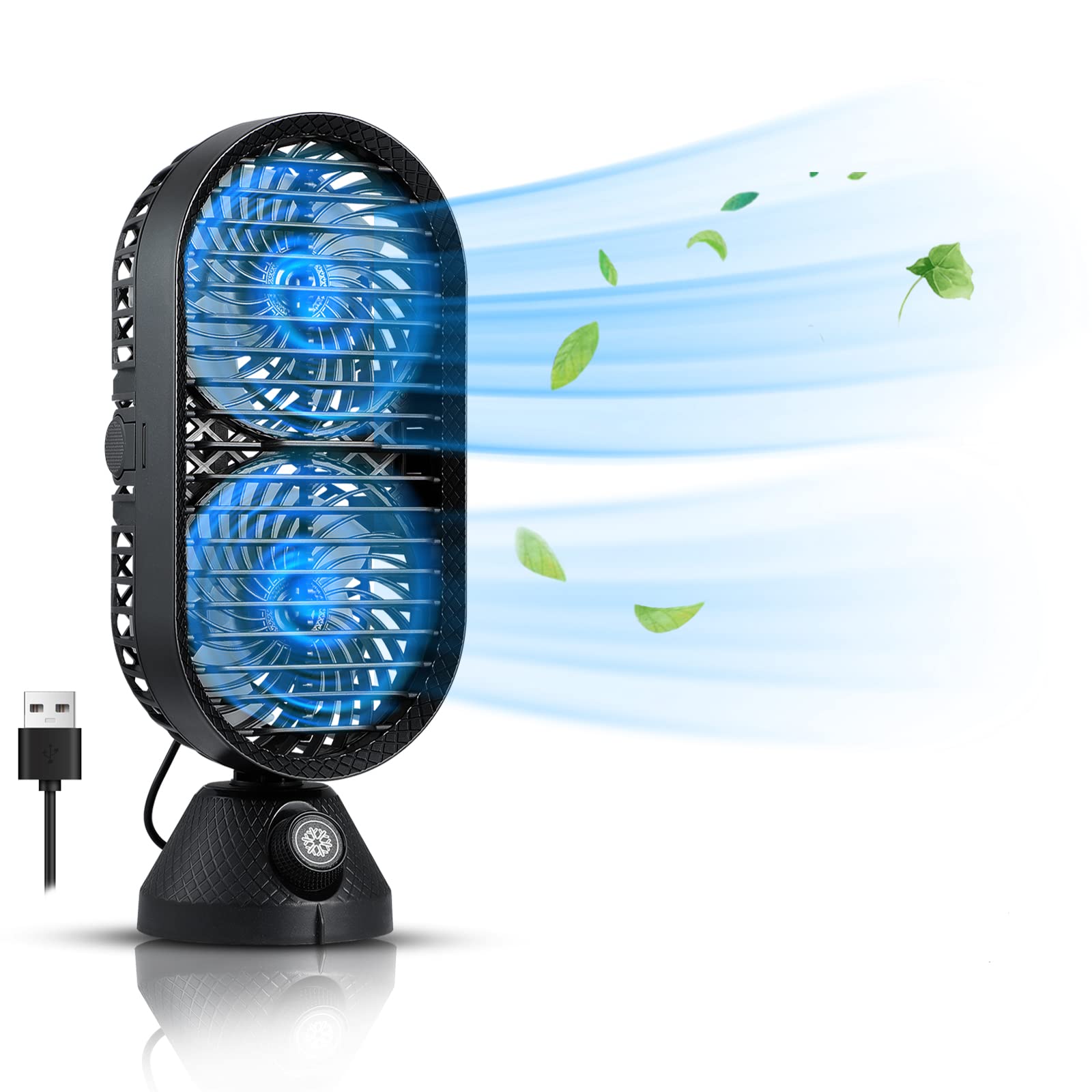 ETNVOW USB Desk Fan Oscillating Cooling, Portable Table/Desktop Fan with Dual Head,Dual Air Circulation,Stepless Speed Quiet USB Tower Fan for home bedroom Office