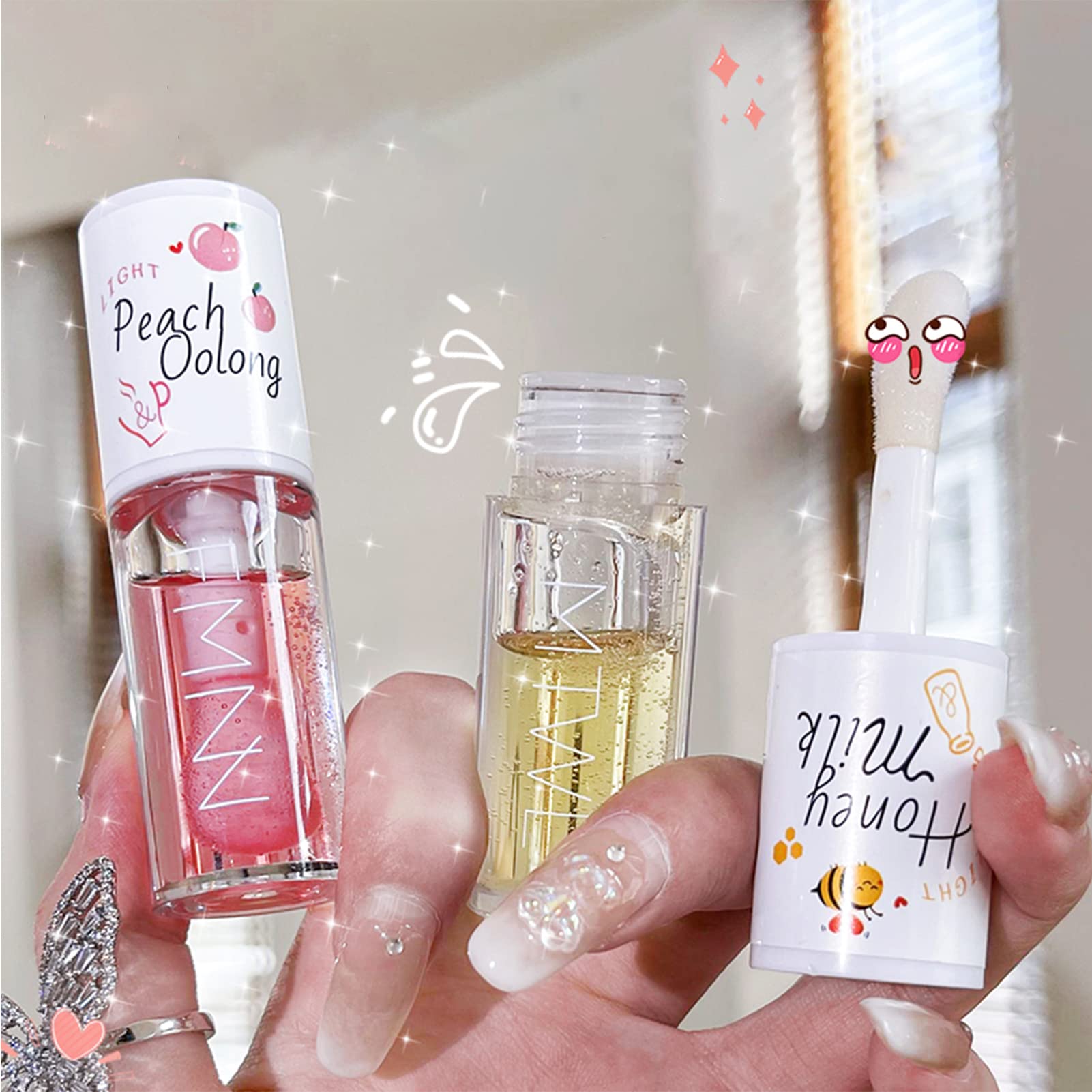 KTouler Crystal Jelly Moisturizing Lip Oil 2Pcs Hydrating Lip Gloss Set Plumping Lip Oil Balm Long Lasting Glow Oil Lip Care Tools (2Pcs, Crystal Lip Oil)
