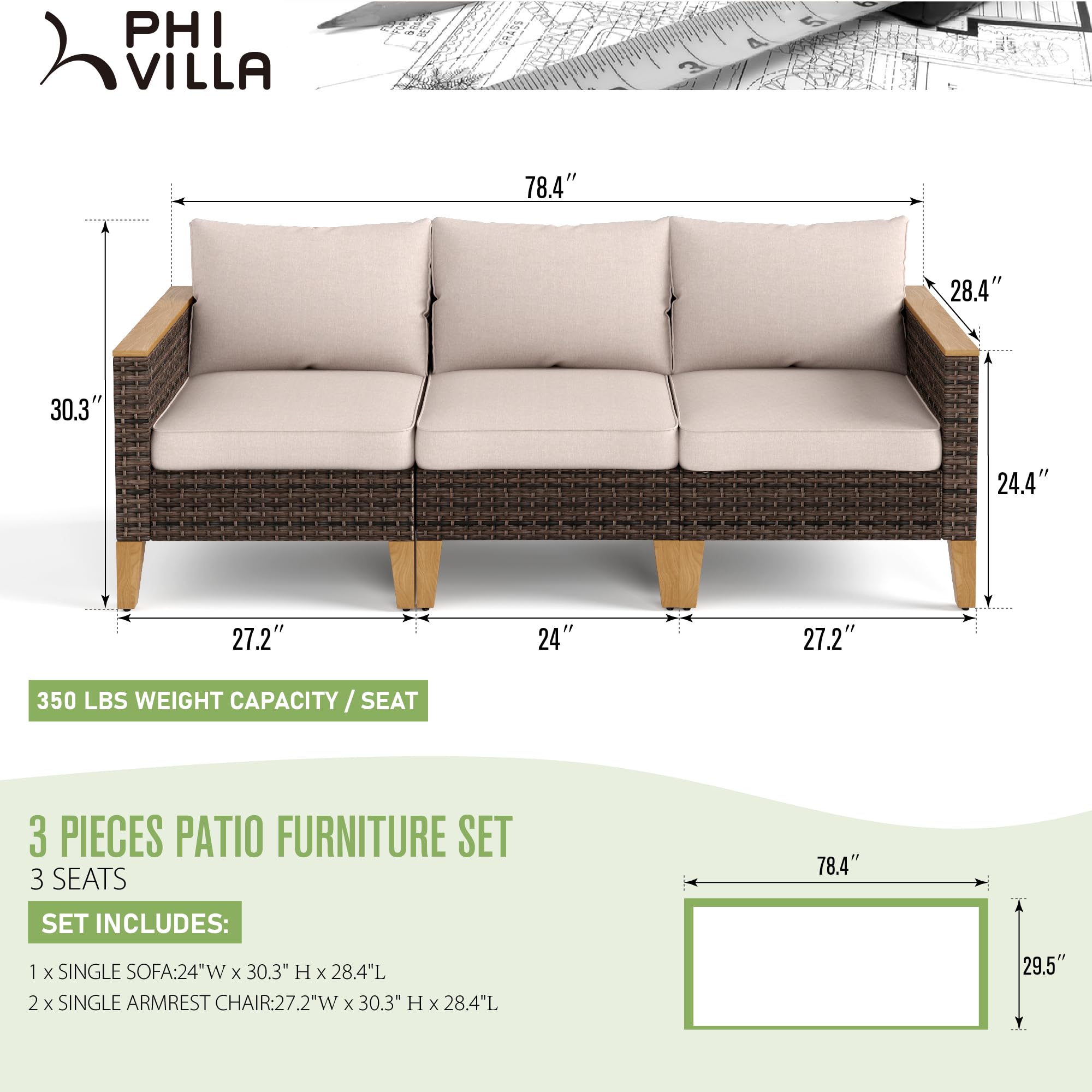 PHI VILLA Oversized 3-Seater Patio Couch Outdoor Wicker Patio Furniture Sofa Set for 3 People Conversation Rattan Sofa Set Outdoor Garden