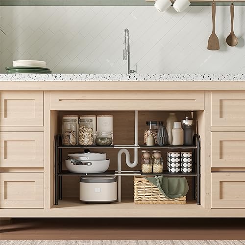 NETEL Under Sink Organizer,Expandable Cabinet Shelf Organizer 2 Tier Under Storage Rack with Removable Panels,Multi-Use for Under Kitchen Bathroom Sink Organizers and Storage