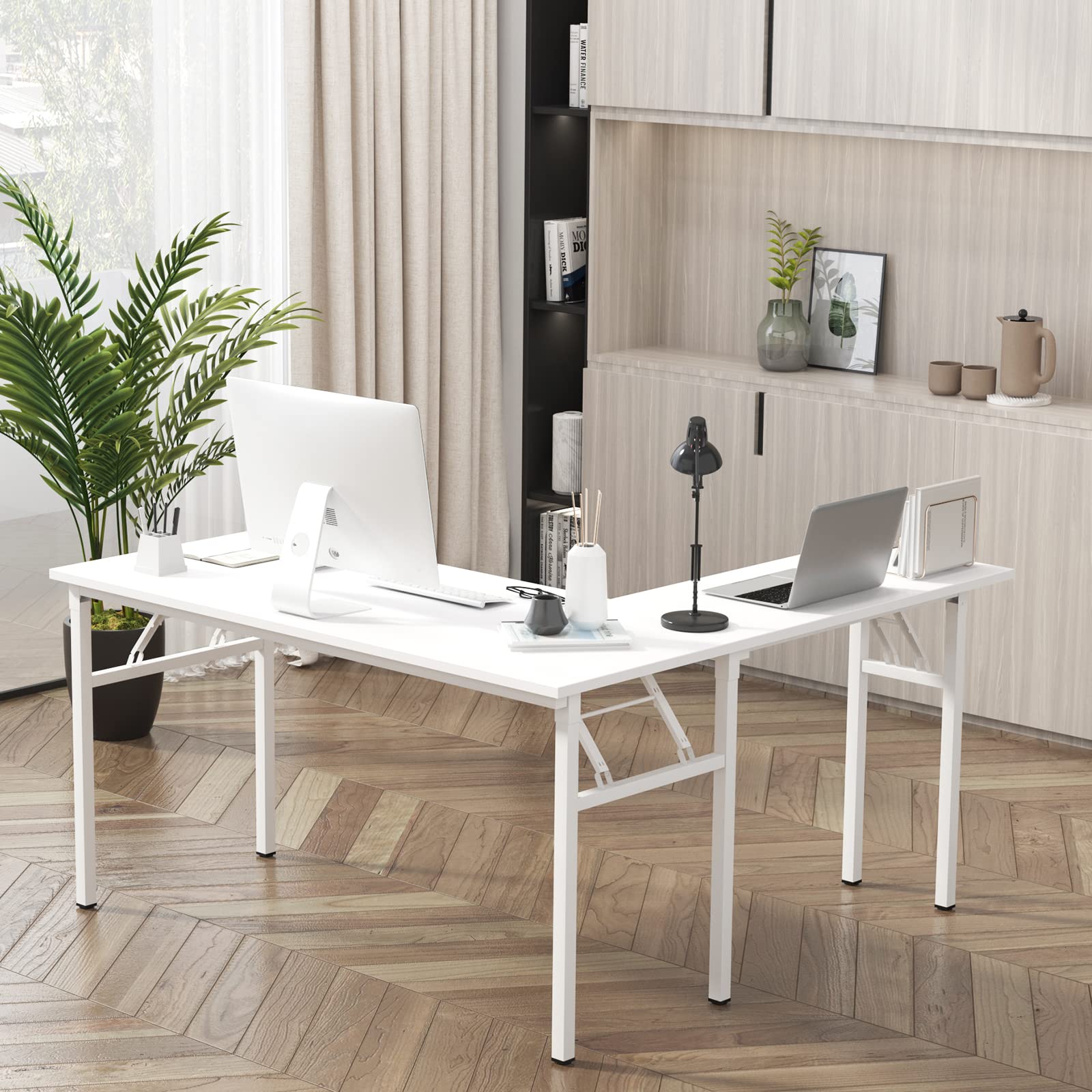 DlandHome Reversible L-Shaped Desk Large Corner Desk Folding Table Computer Desk Home Office Table Computer Workstation, Teak DND-ND11-TB