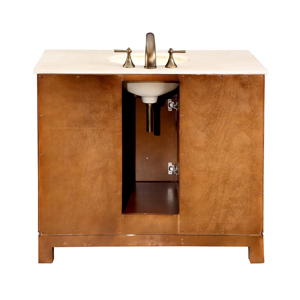Silkroad Exclusive HYP-0911-CM-UWC-42 Countertop Cream Marble Stone Single Sink Bathroom Vanity with Bath Cabinet, 42", Medium Wood