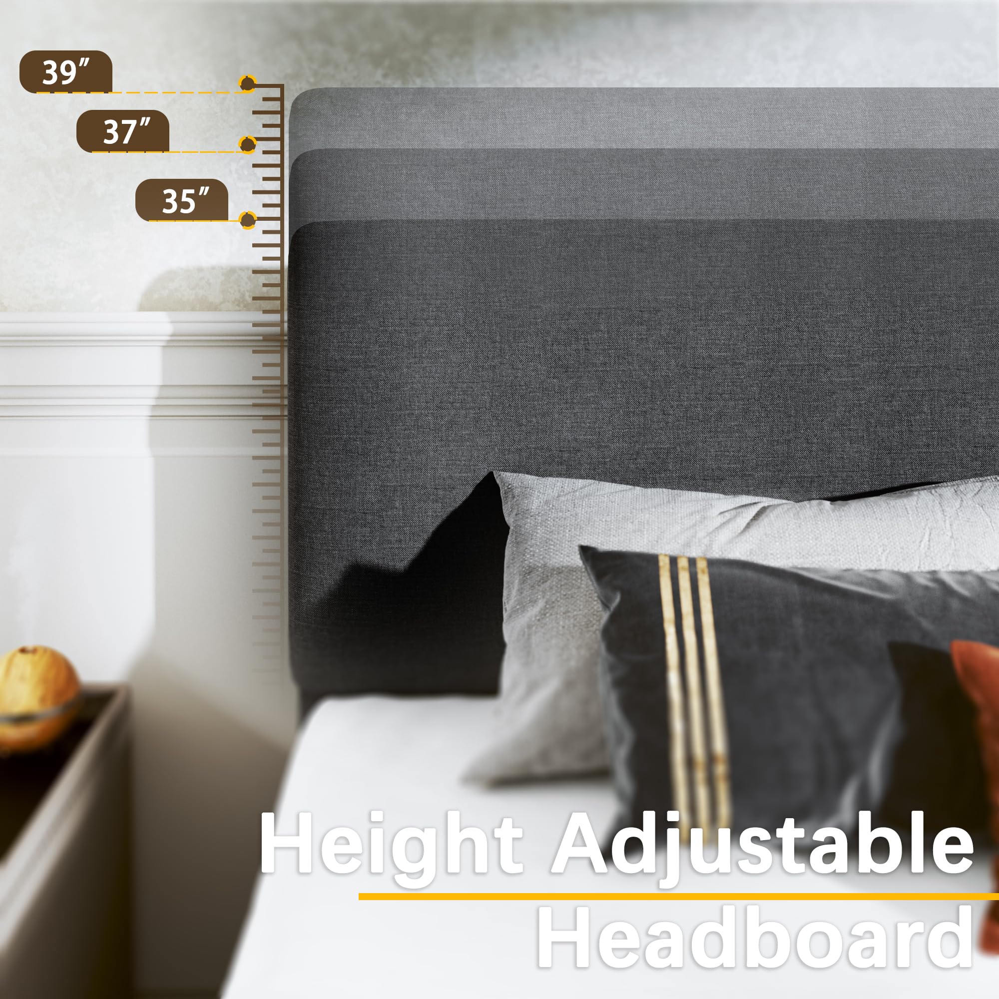 Fluest King Bed Frame with Adjustable Headboard Upholstered Bed Frame Platform Linen Fabric Headboard Wooden Slats Support/No Box Spring Needed/Easy Assembly/Mattress Foundation, Grey