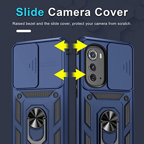 Motorola Moto Edge 2022 Case Built in Slide Camera Cover and Screen Protector [Not for Edge Plus],Heavy Duty Shockproof Full Body Phone Cover,Built in Finger Ring Stable Holder Kickstand,2022 Blue