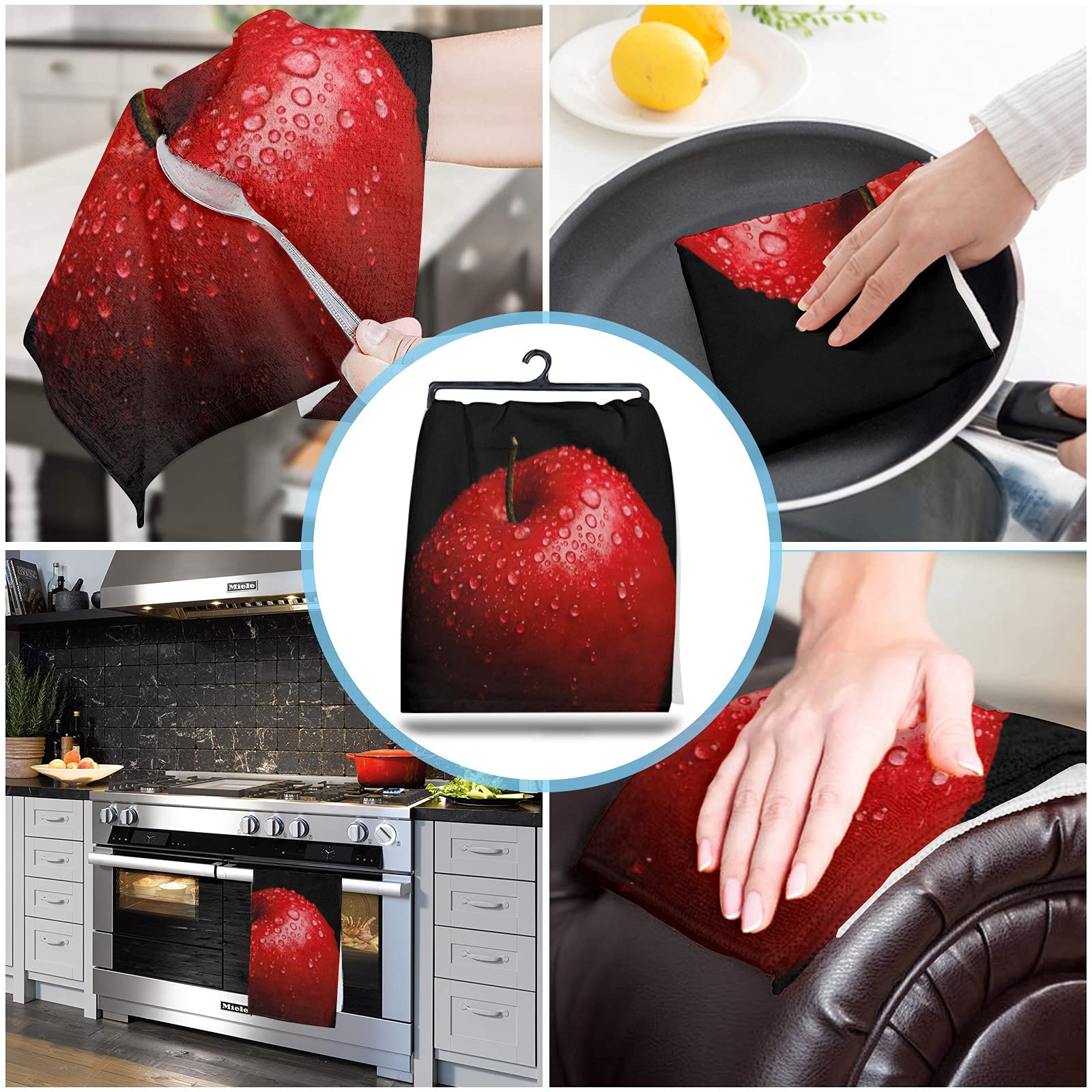 Gredice Red Apples with Water Drops Kitchen Cloth Dish Towel 18x28in Pack of 4,Super Soft Absorbent Tea Towels Hand Towel Close-up Fruit Art on Black Cleaning Dish Cloths for Drying Dishes