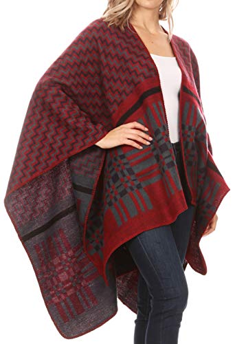 Sakkas 1928 - Lupe Womens Reversible Poncho Wrap Cape Shawl Sweater Coat Cardigan Pattern - Zigzag Burgundy - OS