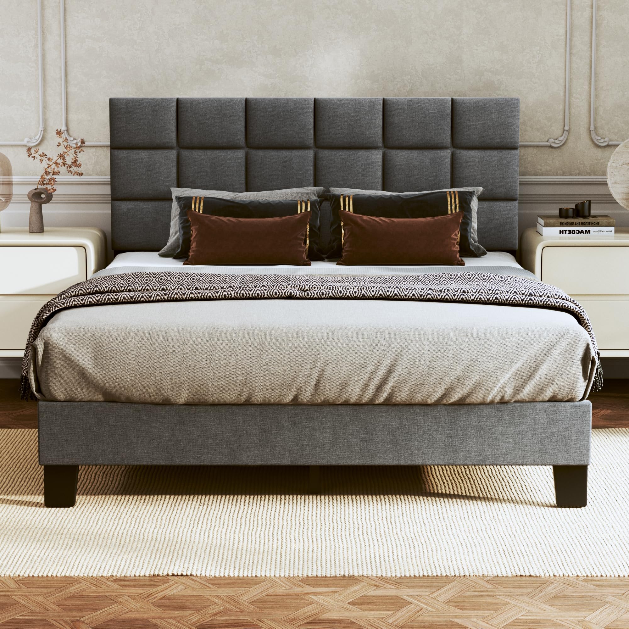 Fluest King Bed Frame Upholstered Bed Frame Platform with Adjustable Headboard Linen Fabric Wooden Slats Support, No Box Spring Needed, Easy Assembly, Mattress Foundation, Package of 2, Dark Grey