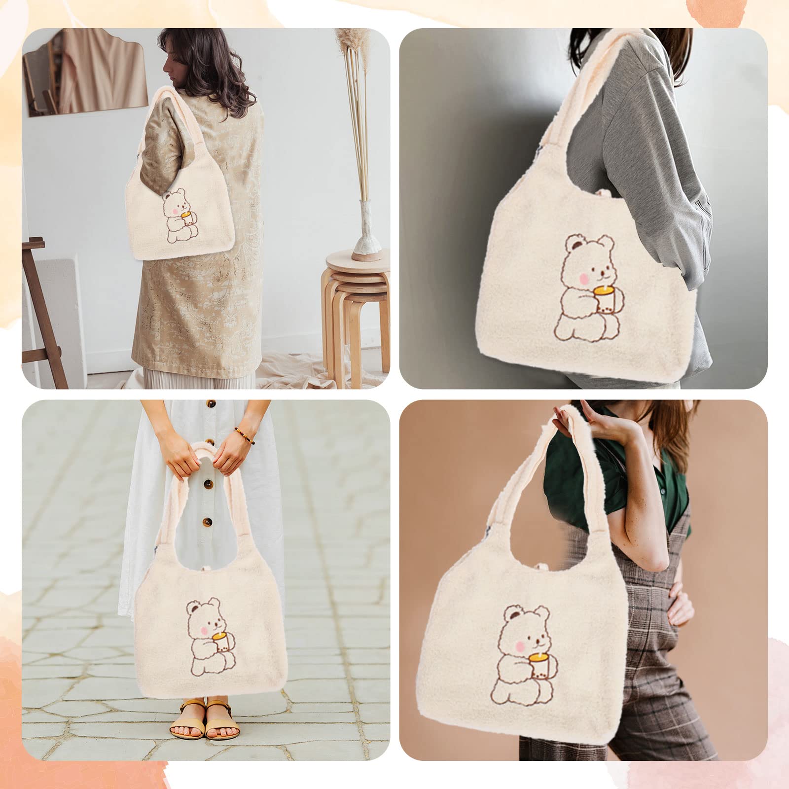 FVVMEED Women Canvas Tote Purse Lamb Like Fabric Shoulder Bag Simple Cute Bear Crossbody Handbag (B)