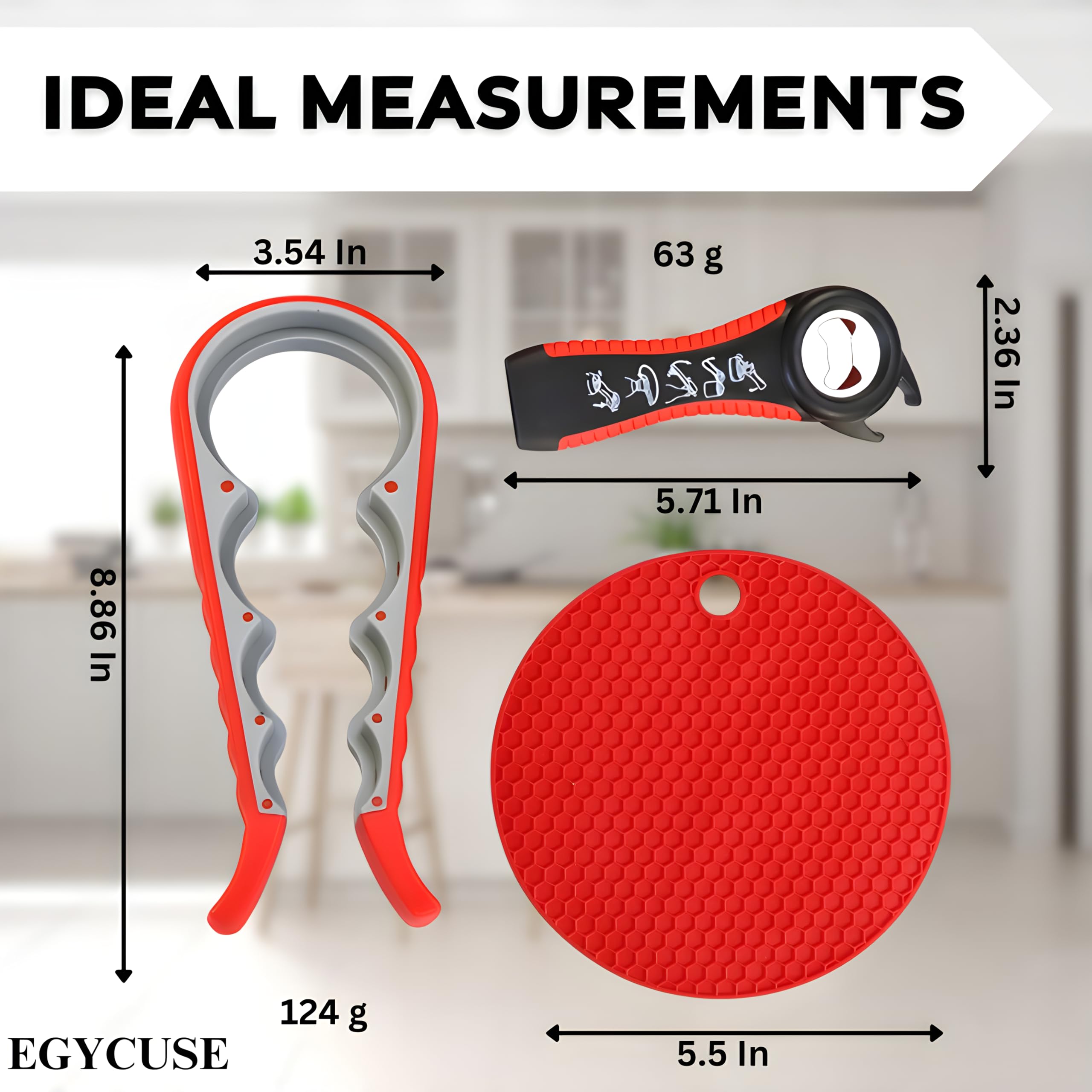 EGYCUSE Jar Opener Bottle Opener for Elderly Sufferers Children Weak Hands Seniors with Arthritis Can Opener Jar Lid Opener Jar Gripper Pad Silicone Handle 5-in-1 Multi-functional 3 Pc Set