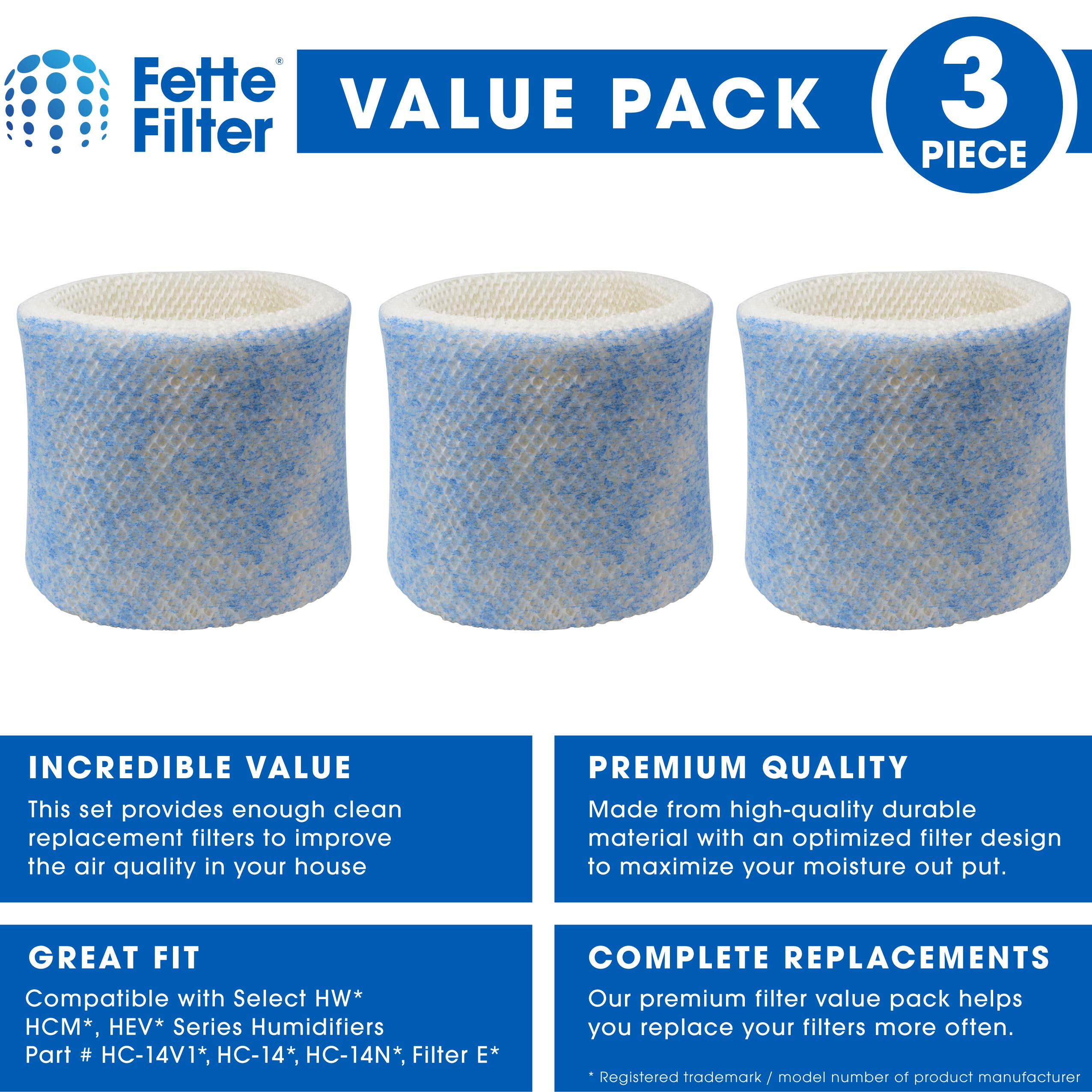 Fette Filter - Upgraded Blue Mesh Wicking Filters Compatible with Honeywell Filter E HC-14 for HCM-6009 HCM-6011 HEV680 HEV685 and Other Series Humidifier Part # HC14PF1 HC14PF3 HC14 Filter E 3-Pack