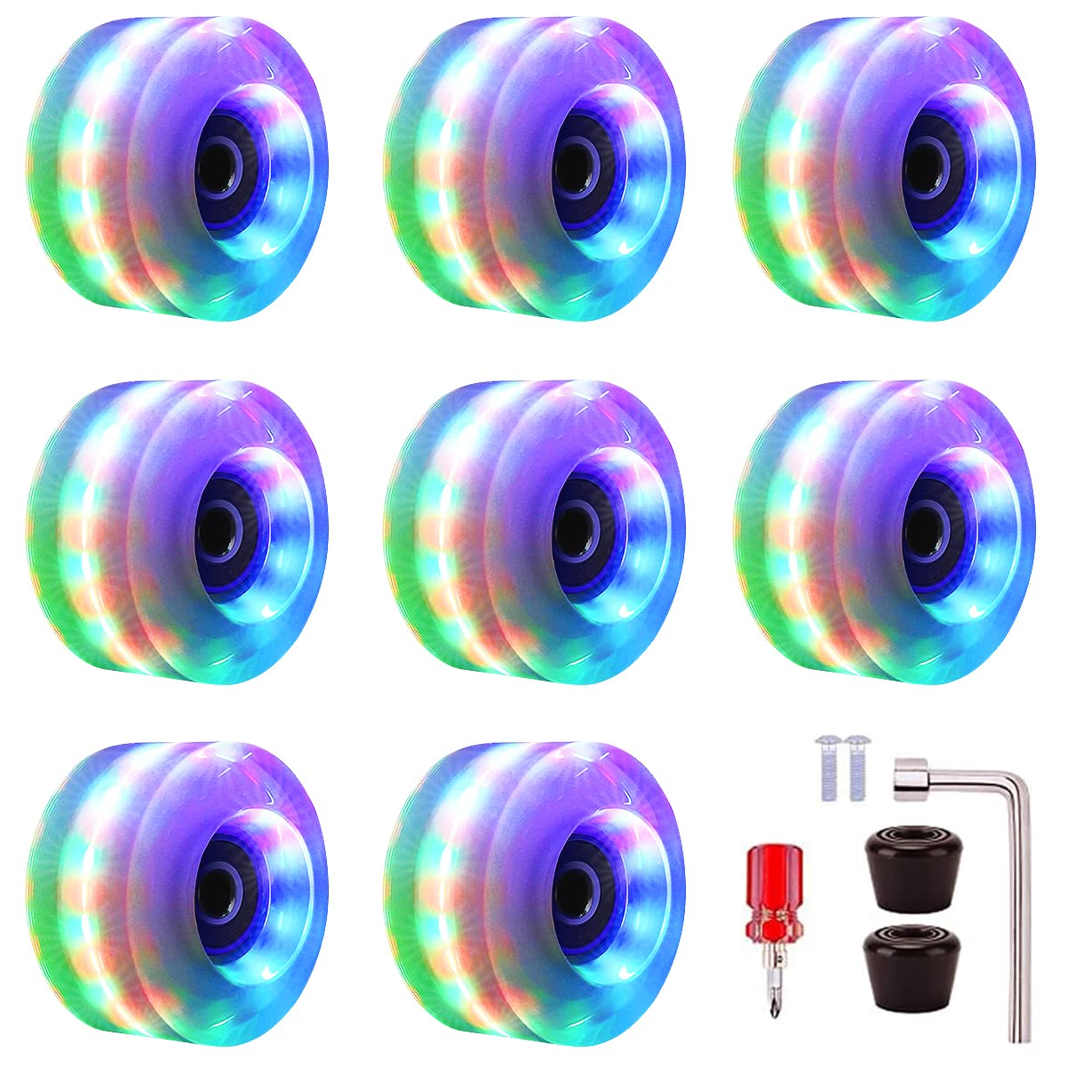 GZSXXTS 8 Pack 82A Roller Skate Wheels, Light up Roller Skates Wheels with Bearings and 2 Toe Blocks for Indoor or Outdoor Double Row Skating, Quad-Skating and Skateboards 32mm x 58mm