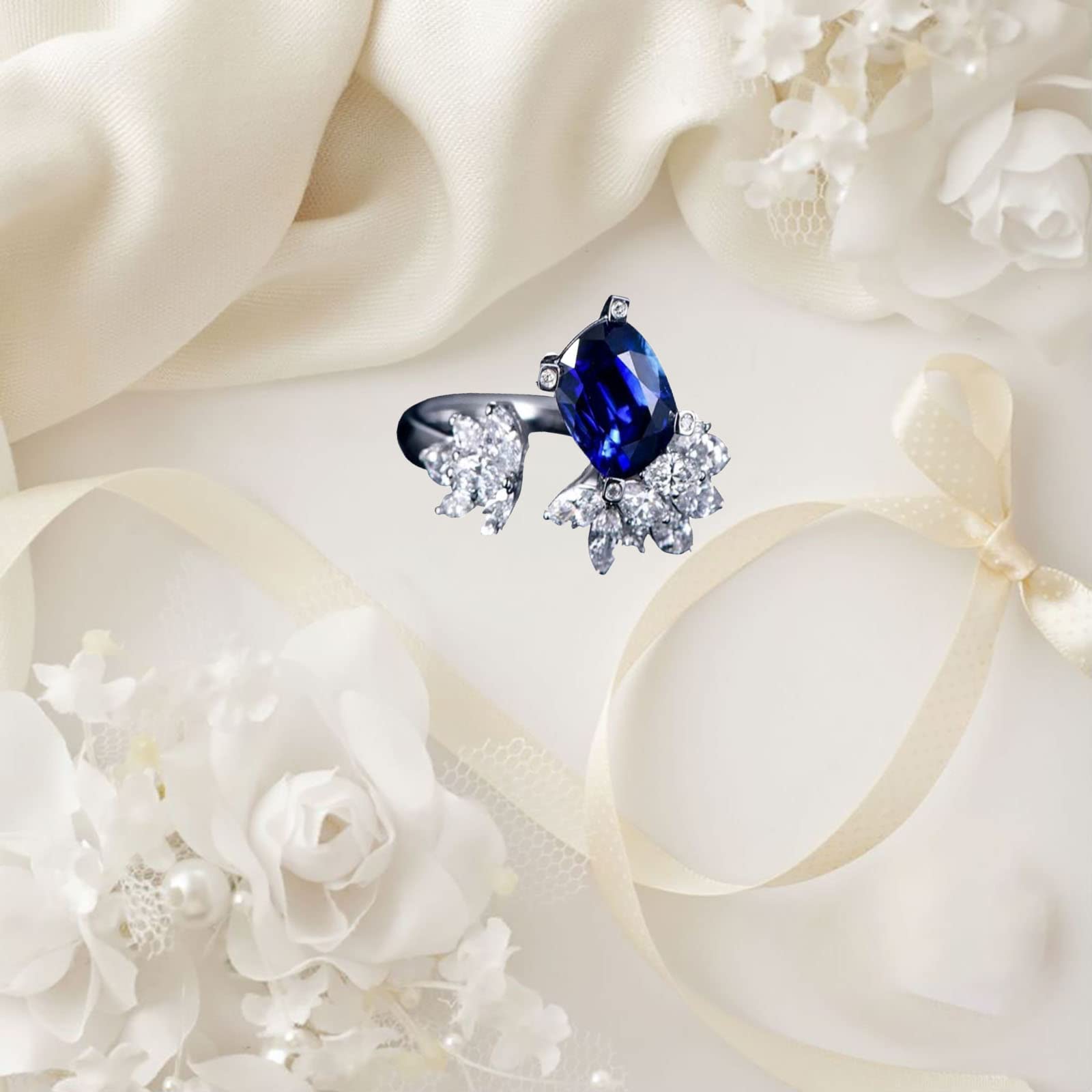 H.Queen Lifetech Fashionable Navy Sapphire Zircon Created Gemstone Rings Navy Blue Adjustable Open Rings Copper Plated 925 Silver for Women(Navy Blue