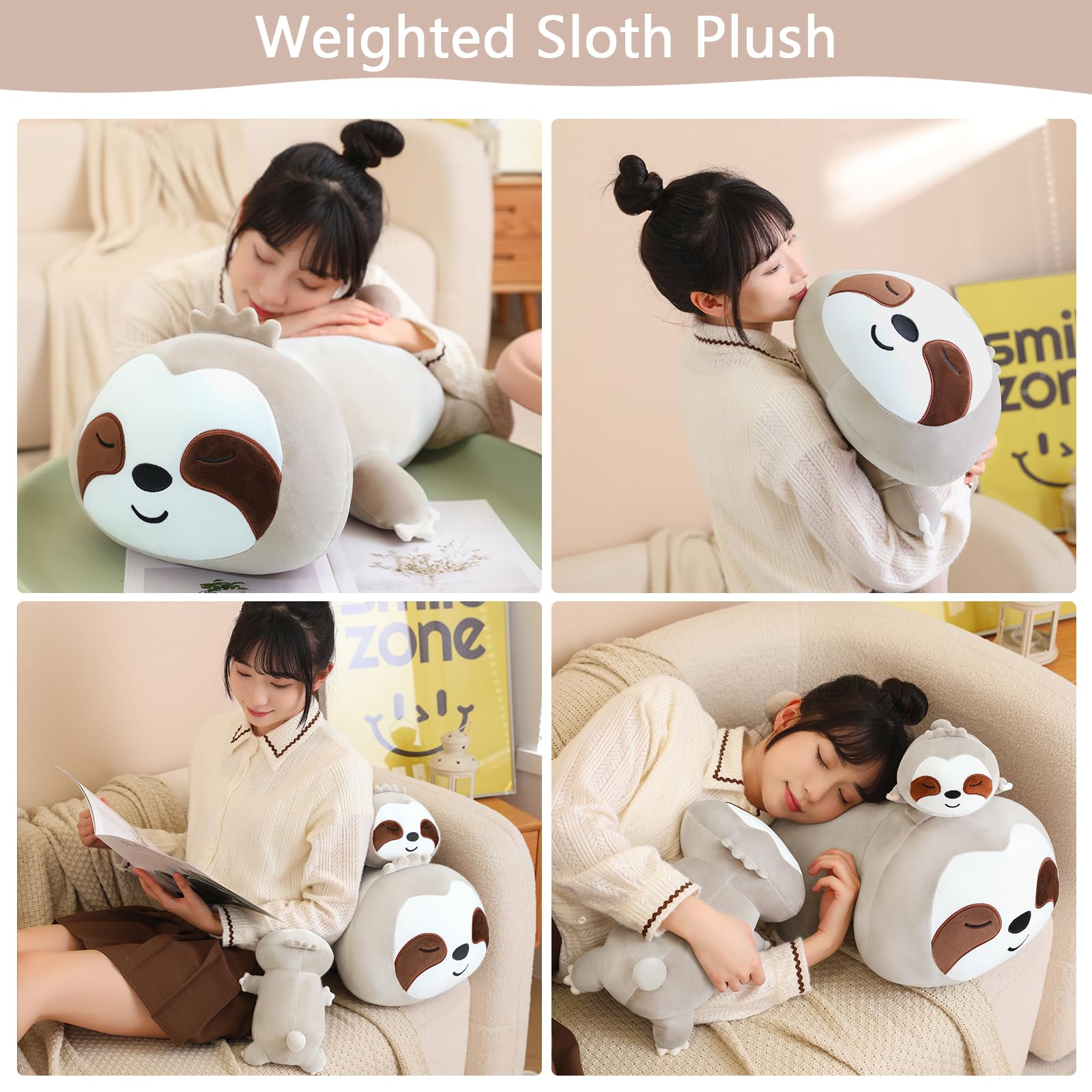 SQEQE Weighted Sloth Plush, Weighted Sloth Stuffed Animal for Anxiety, Cute Sloth Plushies Sloth Pillow Toy Gift for Kids Adults Brown 9.8 Inch, 0.8 lbs