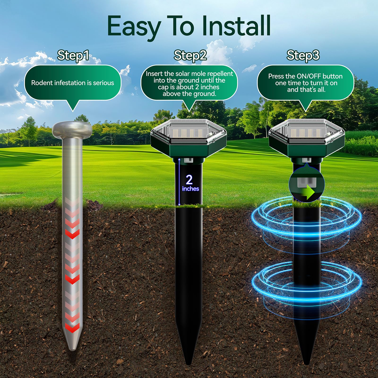 Mole Repellent Solar Powered 4 Pack buzzkick Solar Mole Repellent Ultrasonic Rodent Repeller,Vole Repellent Outdoor,Ultrasonic Pest Repeller for Yard