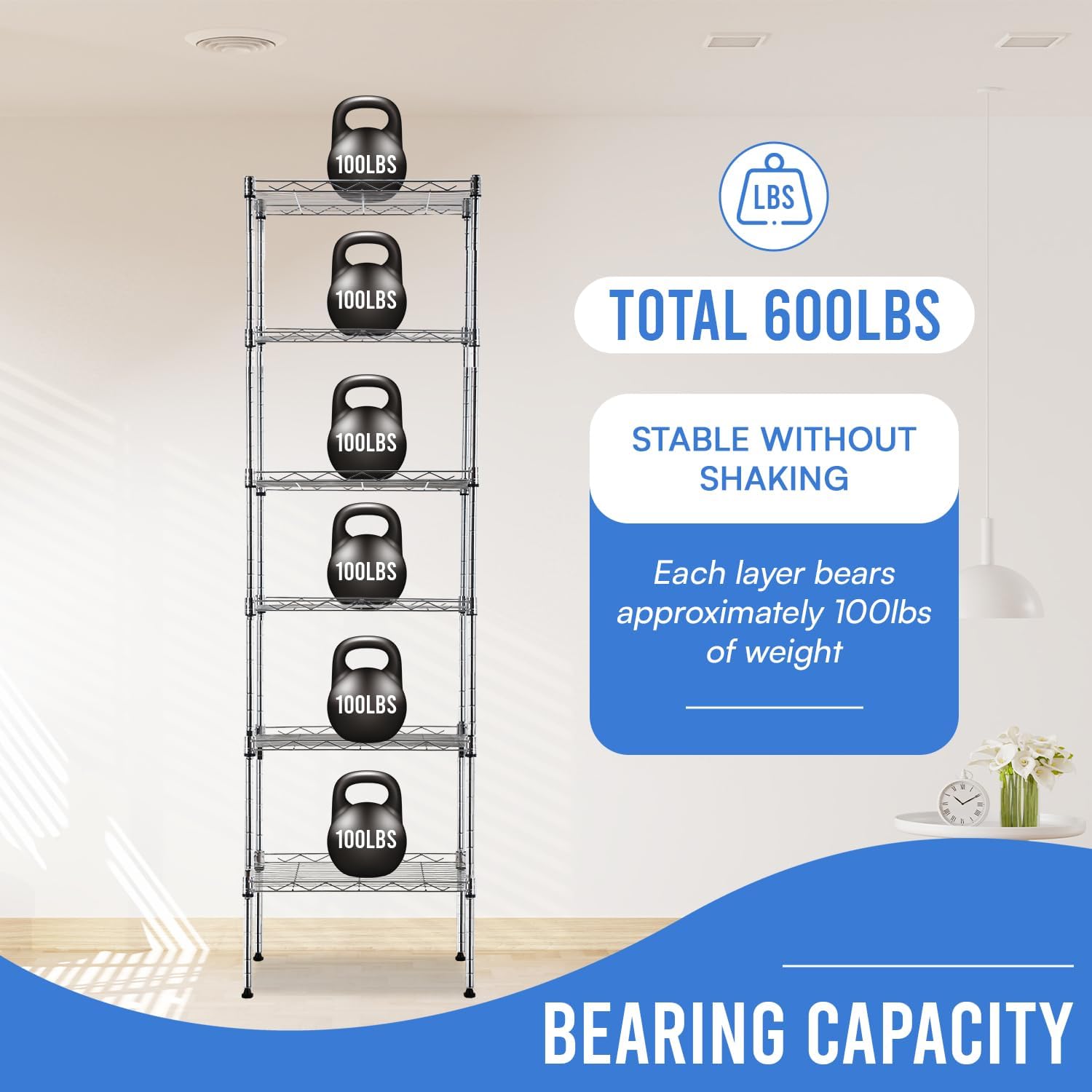 PIKAQTOP 6-Tier Adjustable Metal Storage Shelves - 600 lbs Capacity - Easy Assembly - NSF Certified - Versatile for Garage Storage - Wire Rack Shelving (Chrome, 17" D*12" W*64" H)