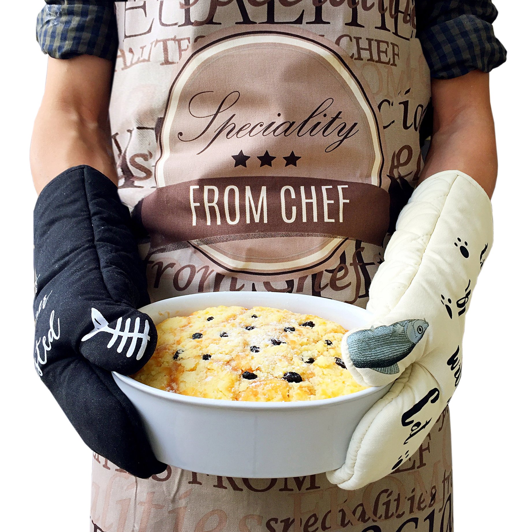 GREVY Oven Mitts Heat Resistant Cooking Glove 100% Cotton Lining 12"(Ivory and Black Cat,Potholder Kitchen Gloves,Set of 2)