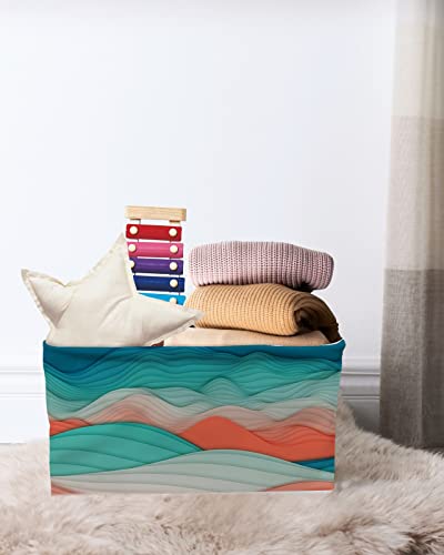Geometric Mountain Range Storage Baskets for Organizing, Orange Teal Ombre Line Abstract Art Fabric Storage Bins for Shelf, Collapsible Cube Bin with Handles for Closet(15''x11''x9.5'')