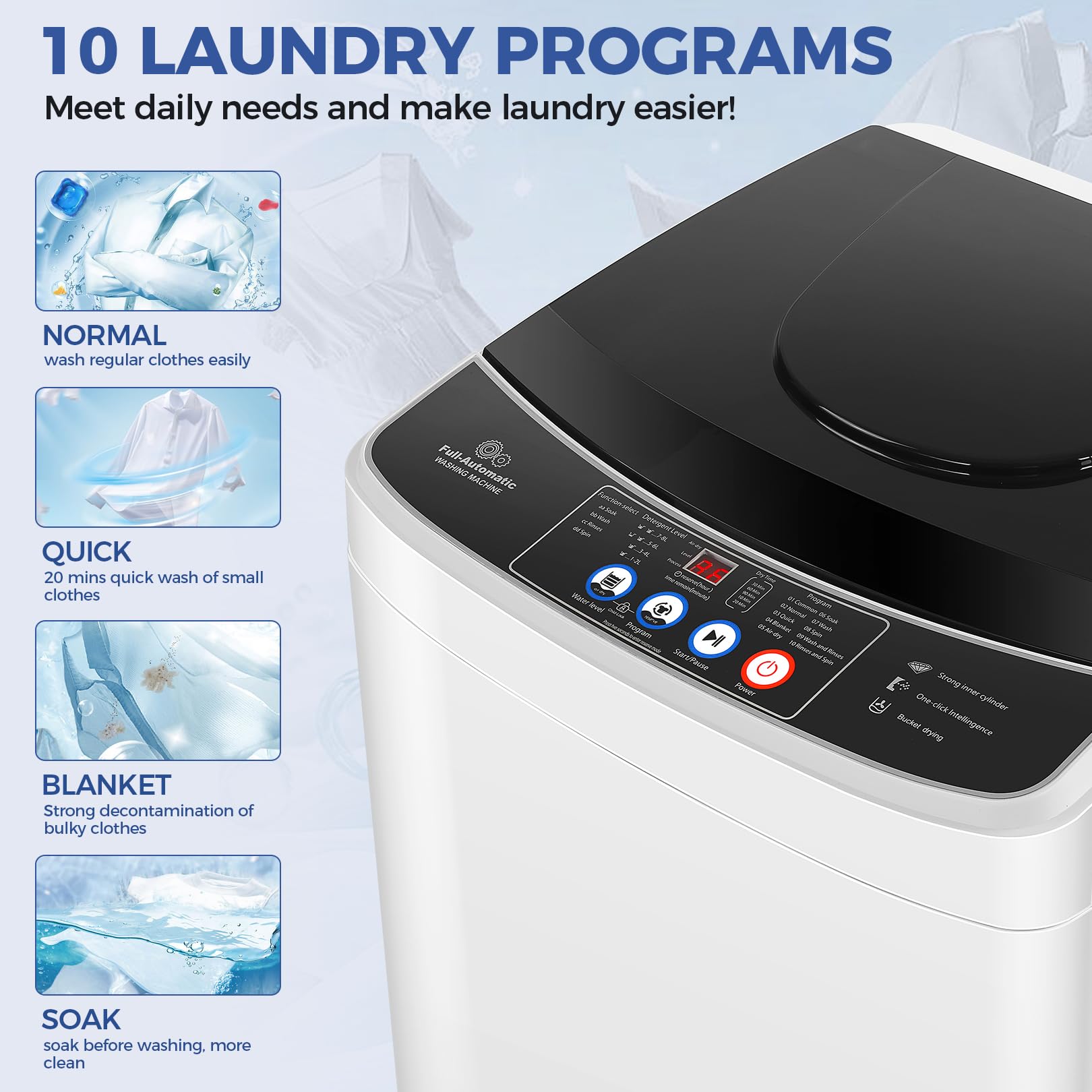 Nictemaw Portable Washing Machine 20Lbs Capacity Portable Washer with Drain Pump 2.8Cu.ft Full-Automatic Compact Washer Machine with 4 Program 4 Water Level 3 Water Temp for Apartment, RV, Dorms
